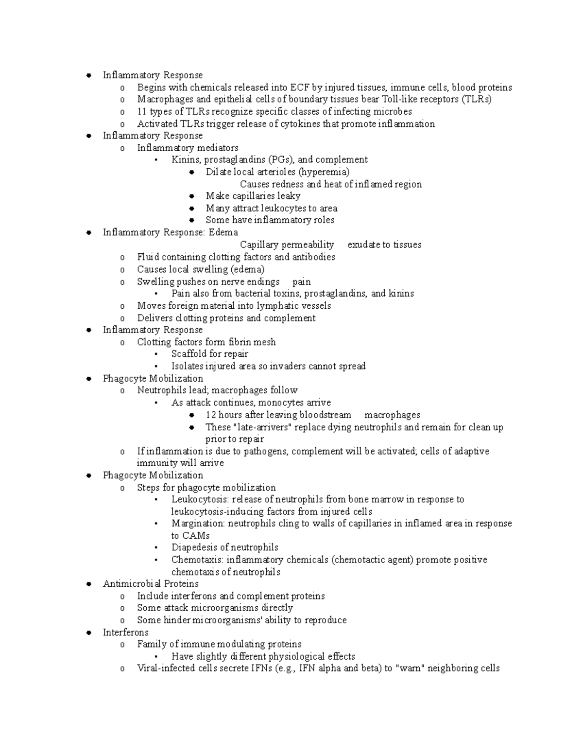 Inflammatory Response exam 1 lecture notes - Inflammatory Response o ...