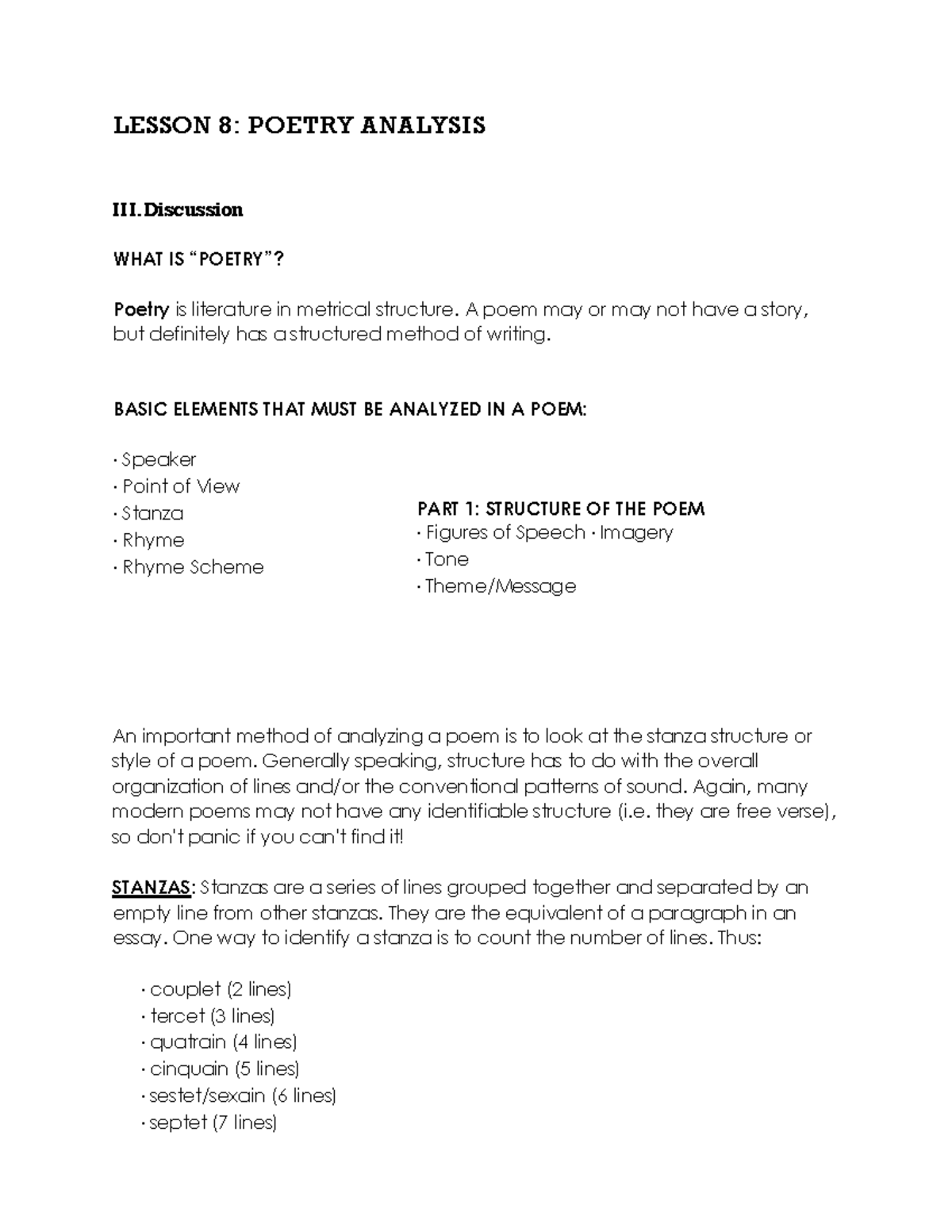 L8 LITT Handout - LESSON 8: POETRY ANALYSIS - LESSON 8: POETRY ANALYSIS ...