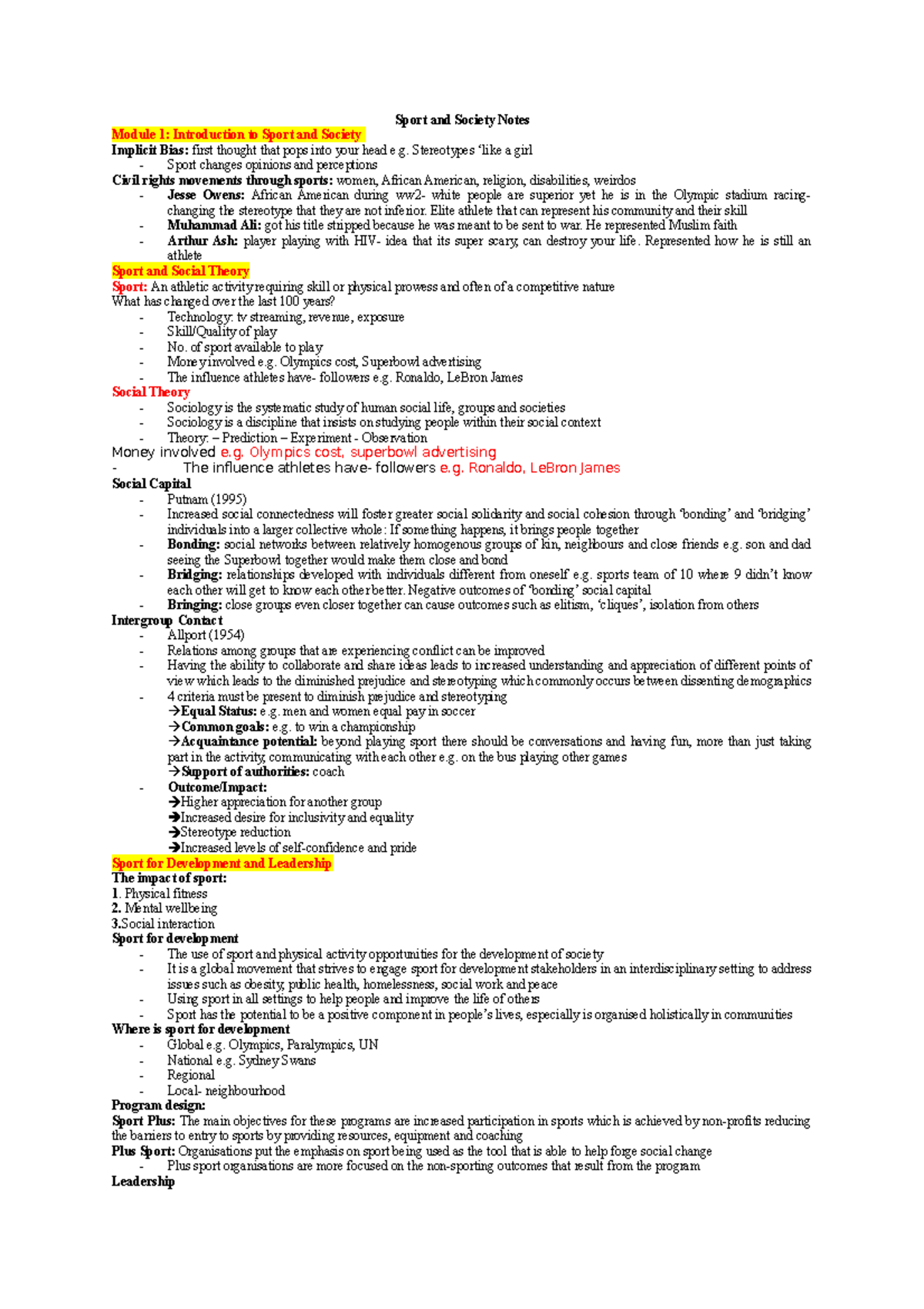 Sport and Society Notes - Sport and Society Notes Module 1 ...