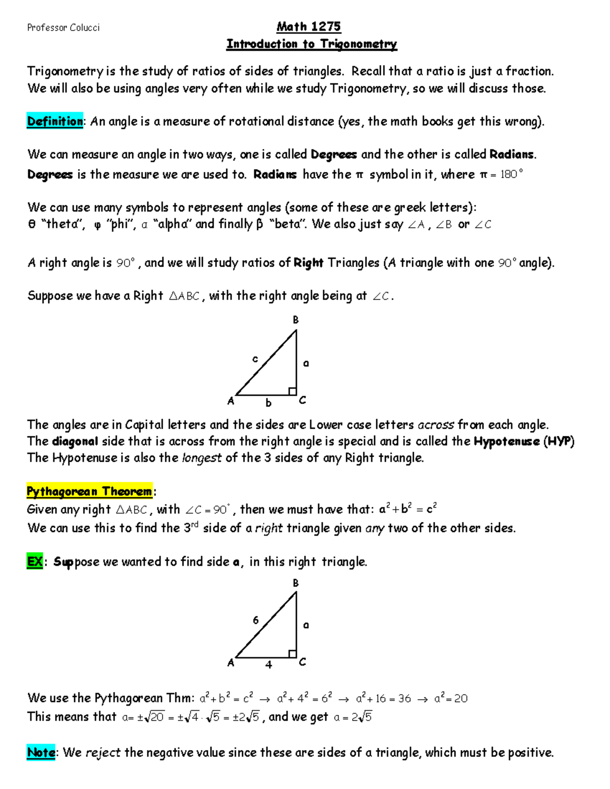 MA1275-Lesson 26 (Trig Intro) - Professor Colucci Math 1275 ...