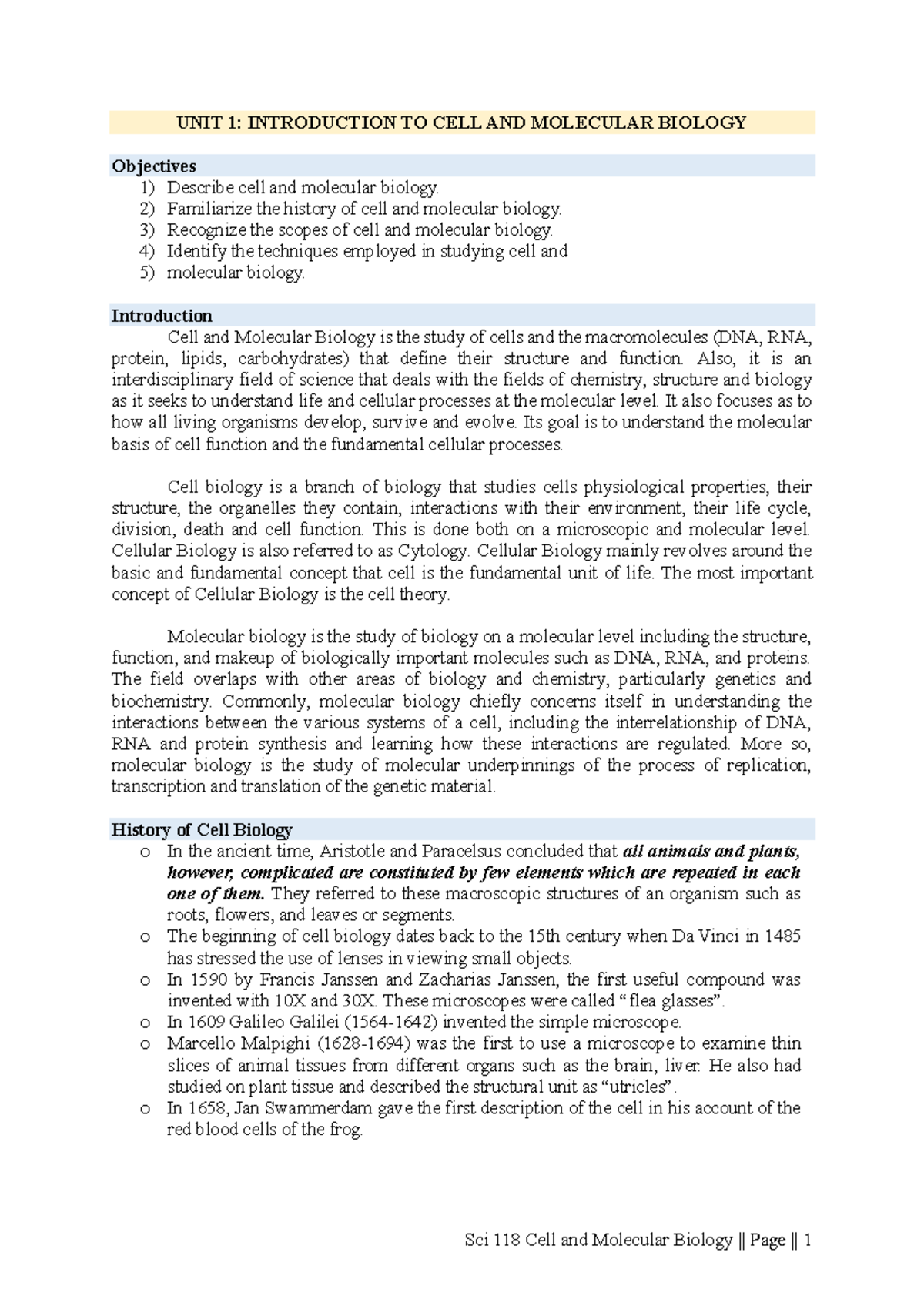 Sci 118 Instructional Manual FULL Module - UNIT 1: INTRODUCTION TO CELL AND MOLECULAR BIOLOGY ...