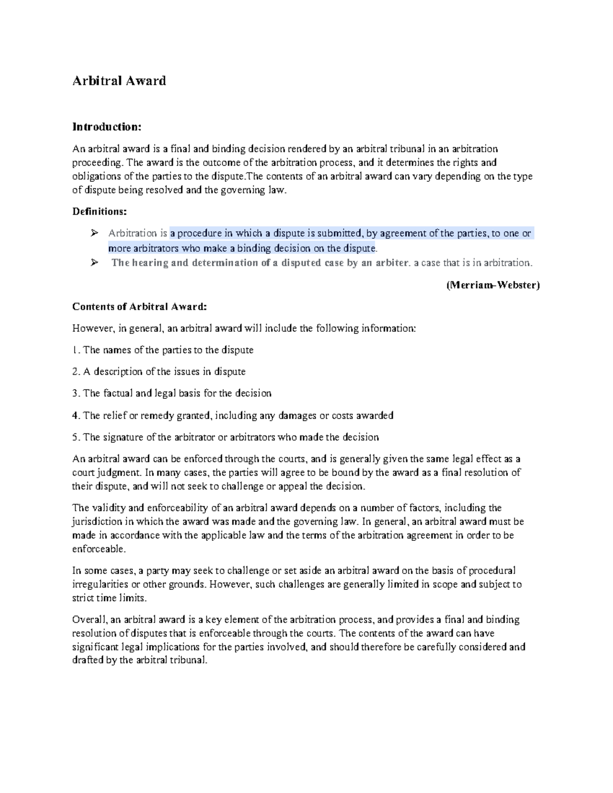 Arbitral Award(7) - Arbitral Award Introduction: An arbitral award is a ...
