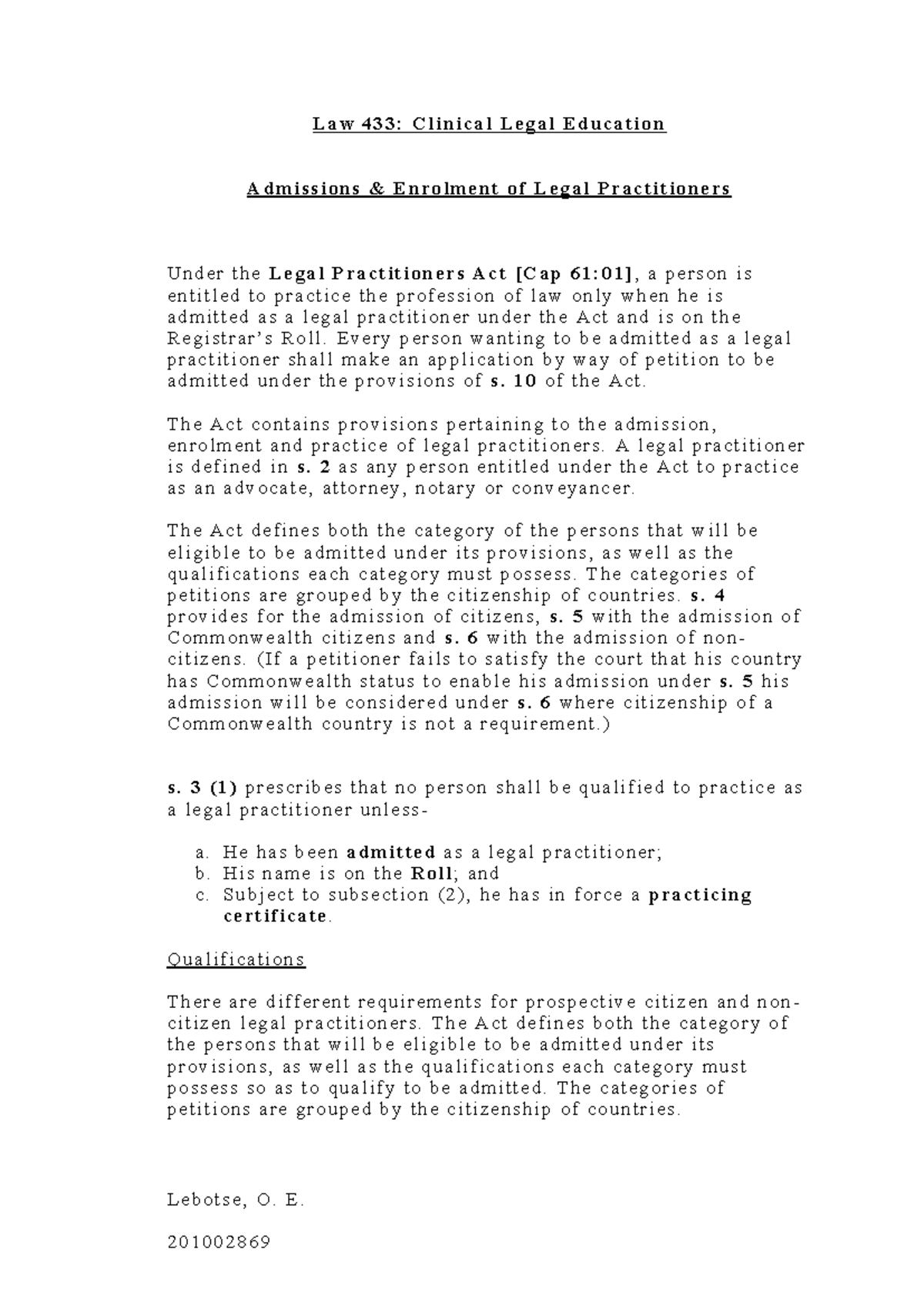 Admisisons And Enrolment Law 433 - L e b o t s e , O. E. L a w 4 3 3 ...