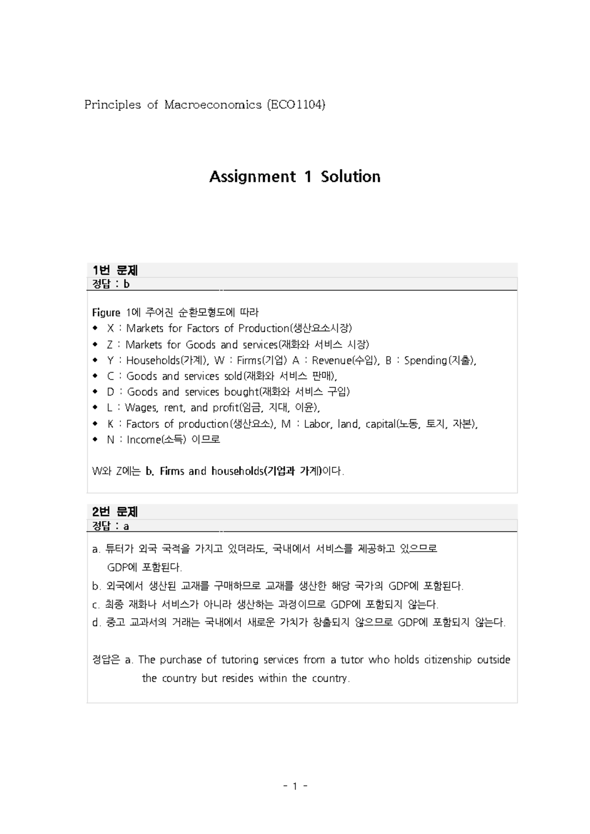 Assignment 1 Solution - 과제 1 해답 - Principles of Macroeconomics (ECO1104) Assignment 1 Solution 1 ...