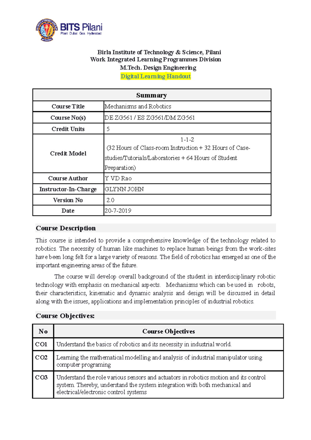 DE ZG561 Course Handout - Birla Institute of Technology & Science, Pilani Work Integrated - Studocu