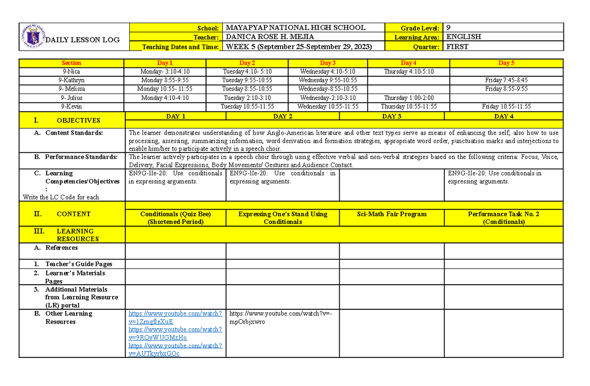 DLL WEEK 5 ENG 9 - DLL - DAILY LESSON LOG School: MAYAPYAP NATIONAL ...