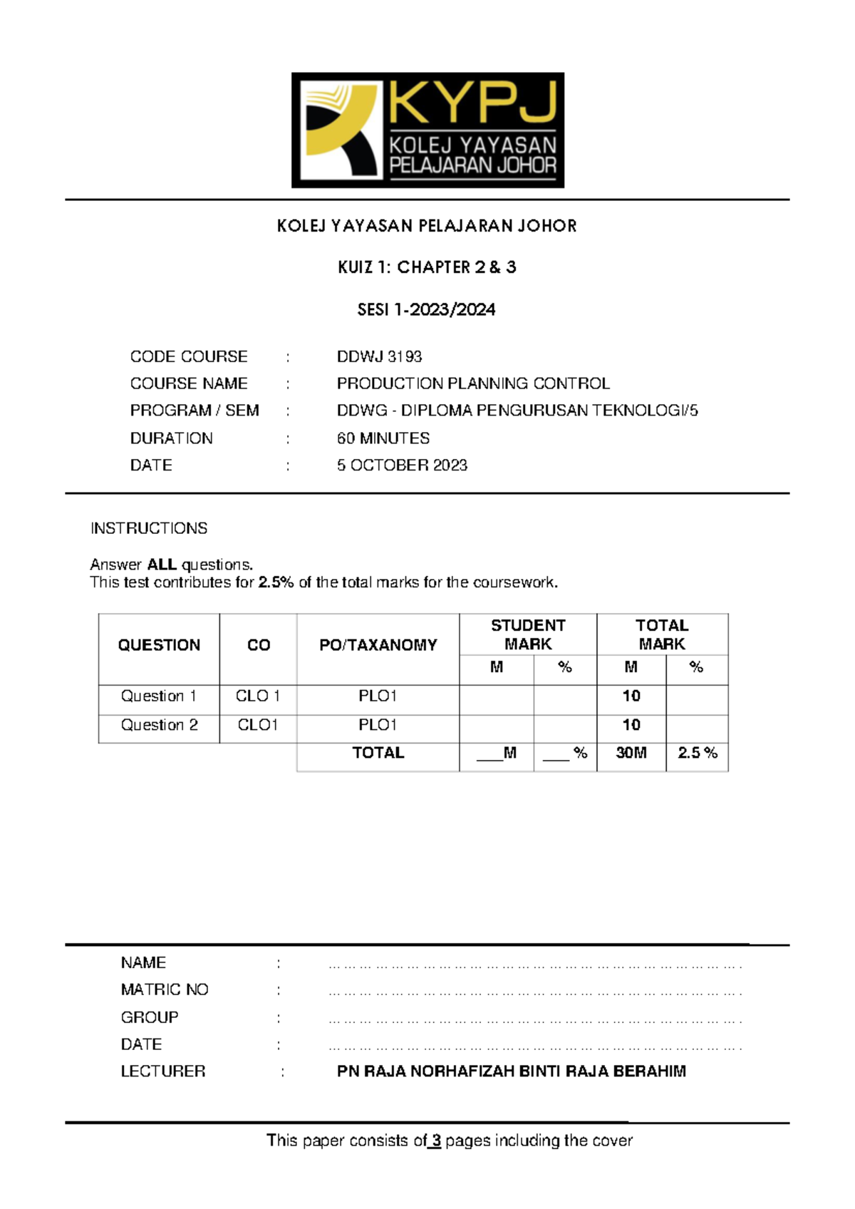 QUIZ 1 PPC - apa benda - CODE COURSE : DDWJ 3193 COURSE NAME ...