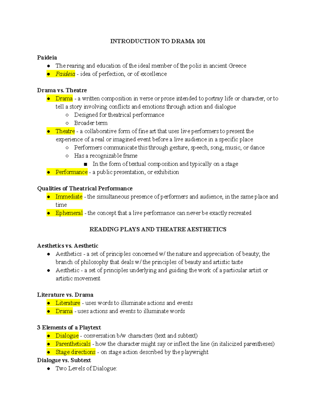 DRAMA 101 Lecture Notes 1 - INTRODUCTION TO DRAMA 101 Paideia The ...