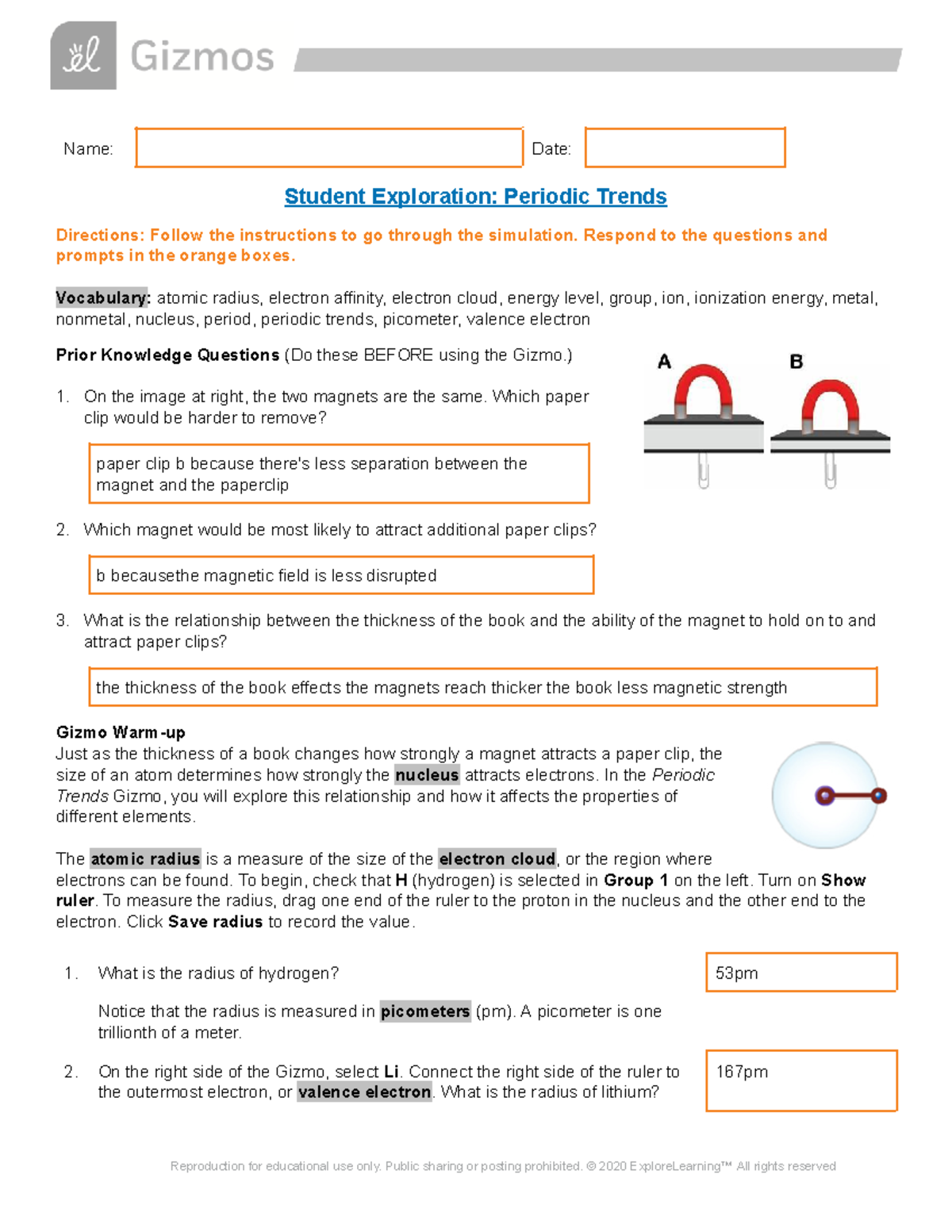 Periodic Trends SE - Po0kopj - Name: Date: Student Exploration ...