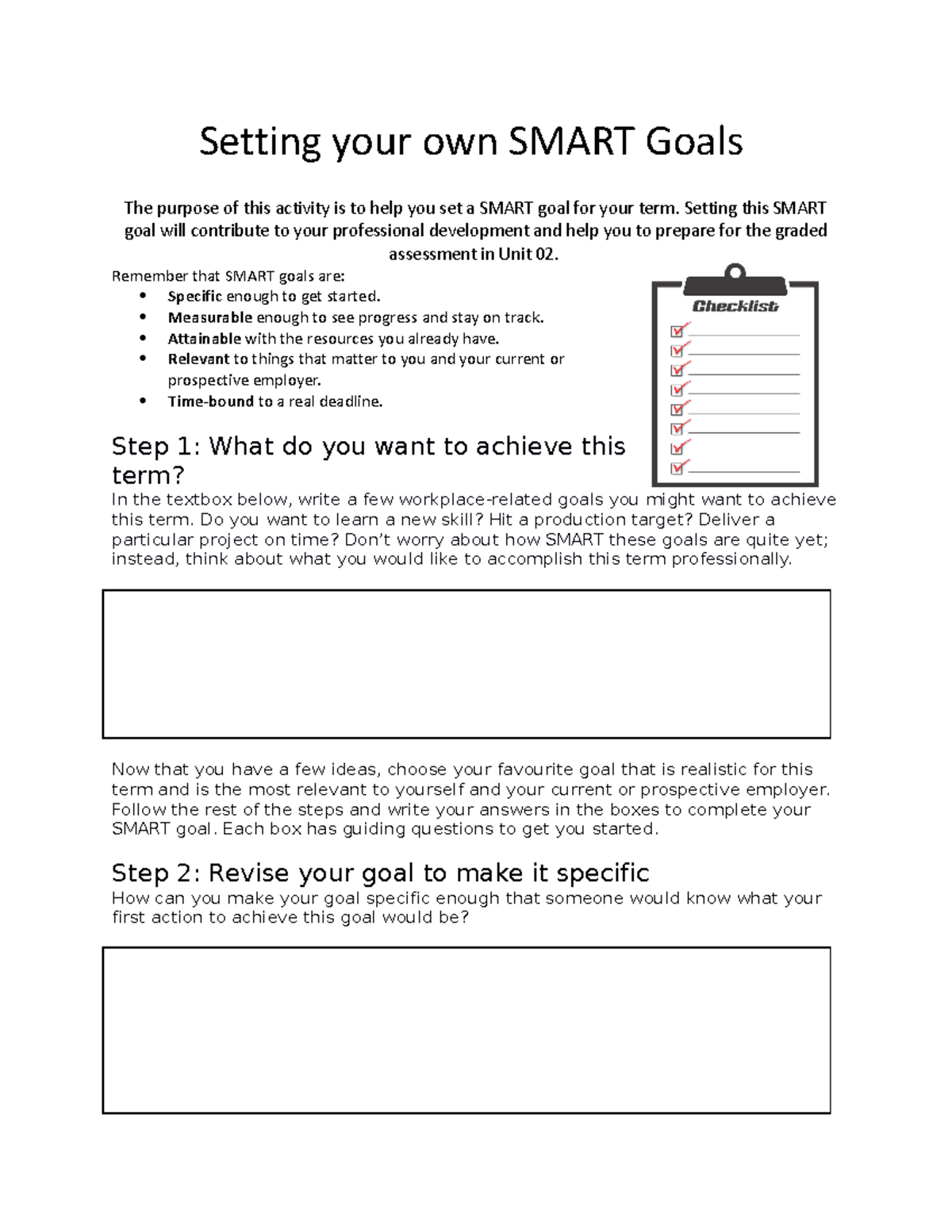 Unit 02 setting your own smart goals - Setting your own SMART Goals The ...