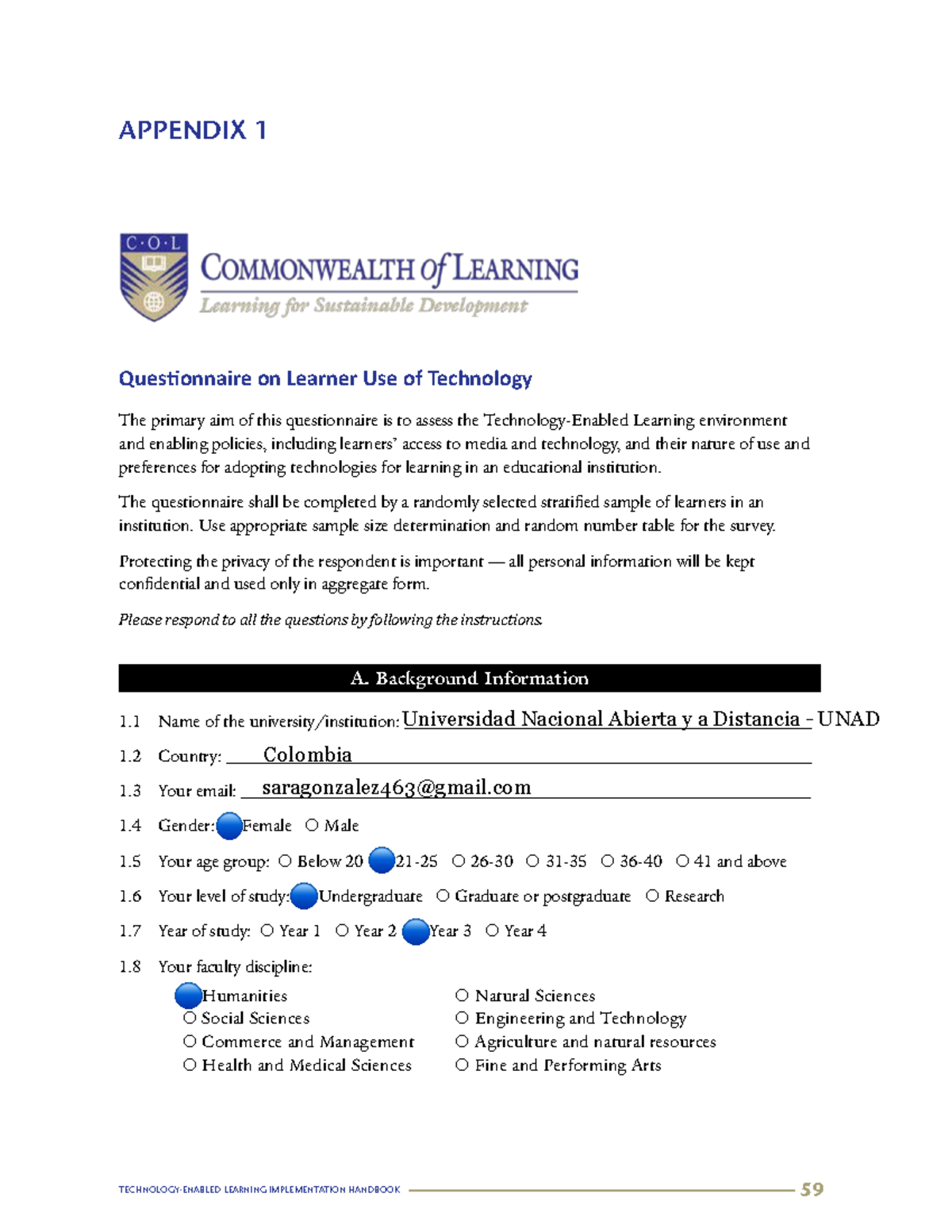 Questionnaire - Sara Lucia González Laverde - APPENDIX 1 Questionnaire ...