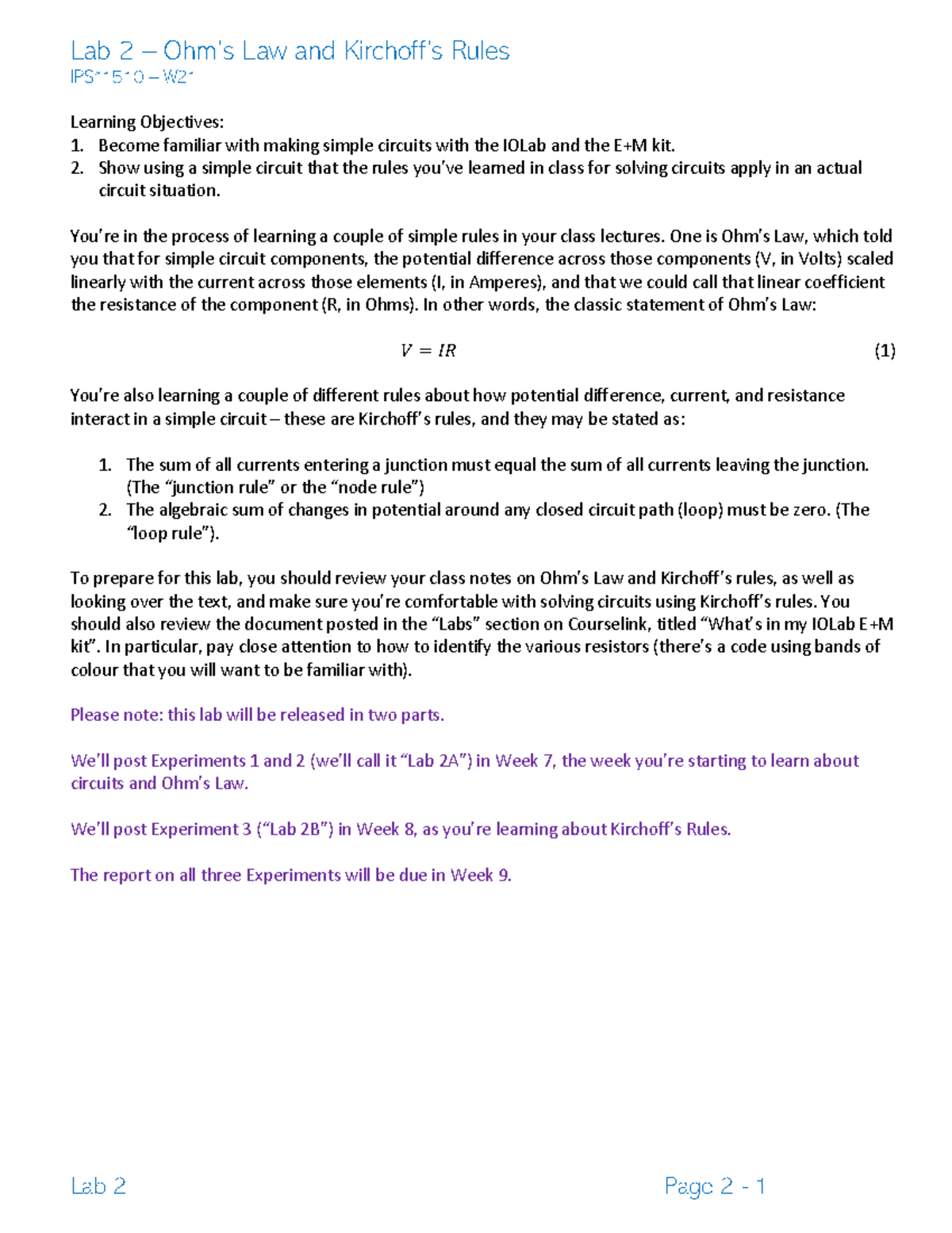 IPS1510-W21-Lab-2B-Ohms-Law-and-Kirchoffs-rules - IPS*1510 – W Lab 2 ...