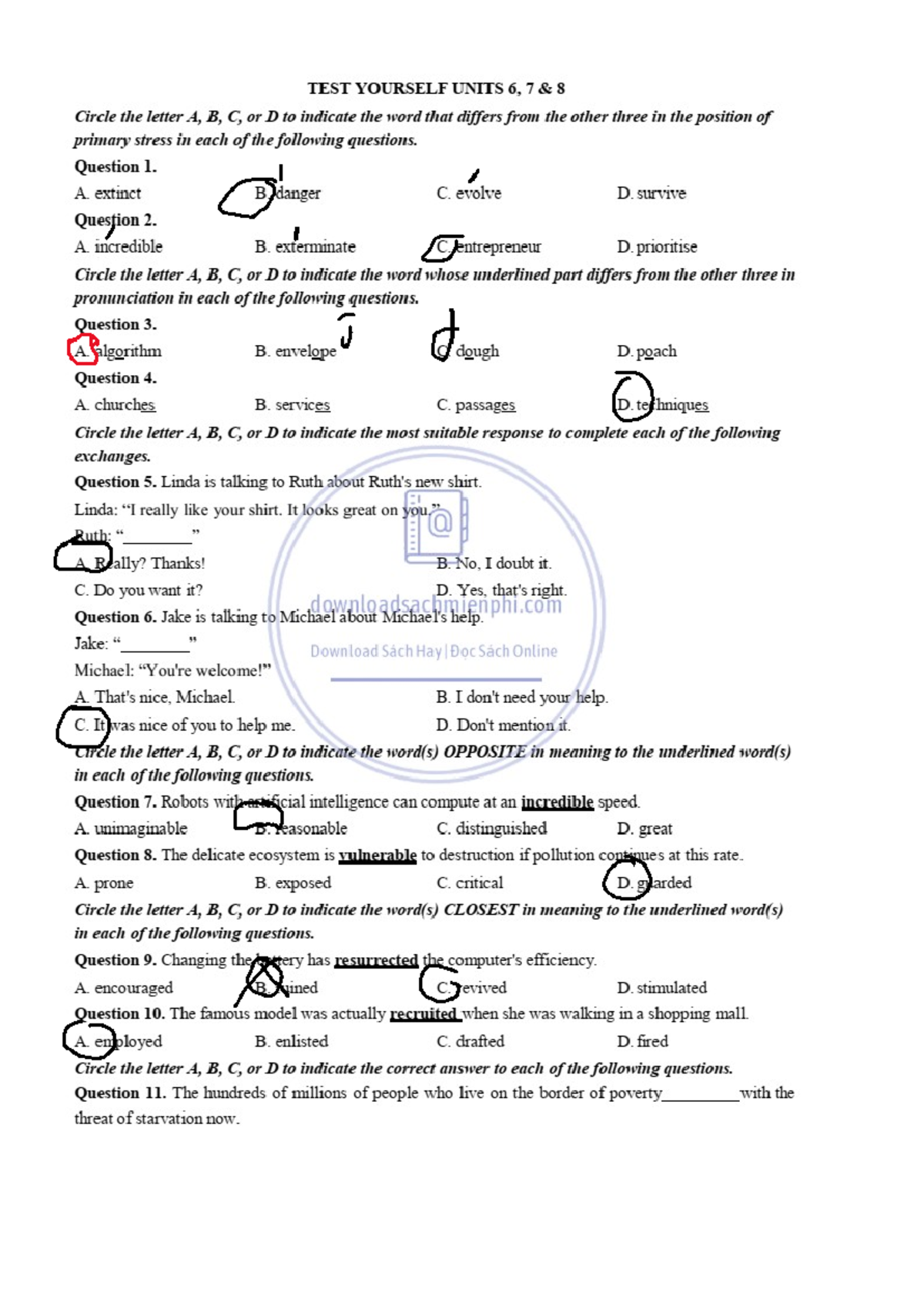 Test yourself U678-A12 - TEST YOURSELF UNITS 6, 7 8 Circle the letter A ...