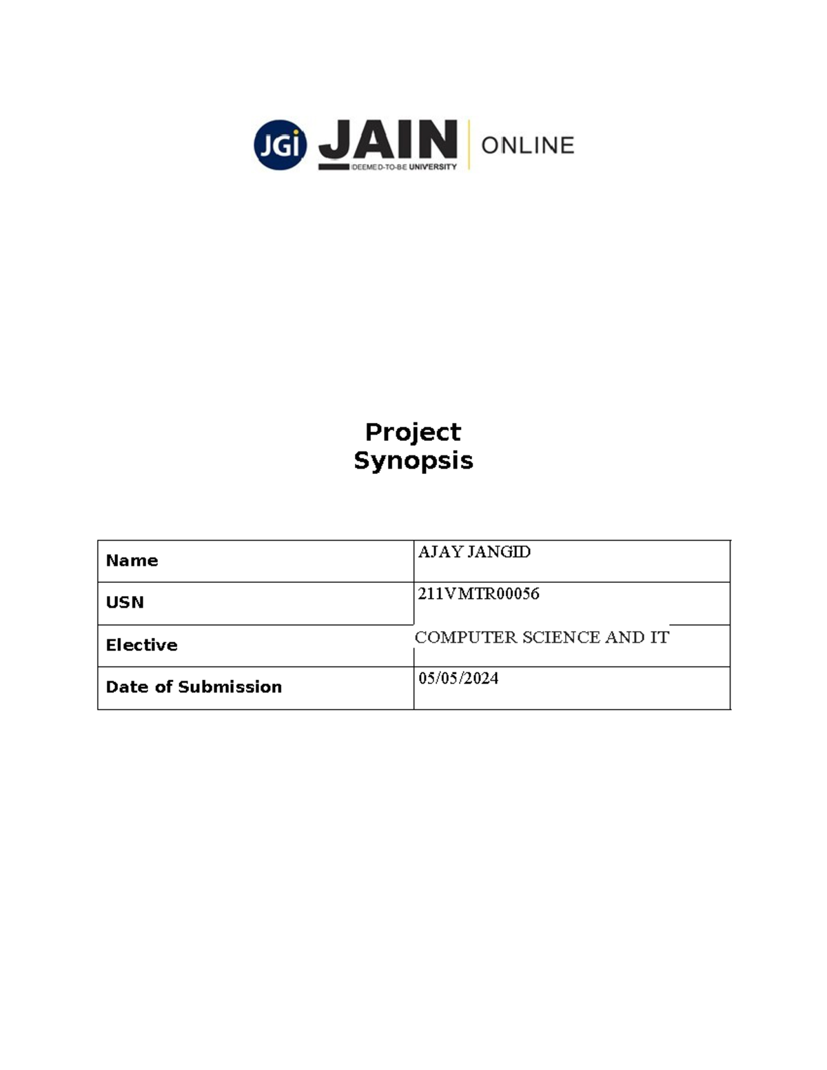 Project Synopsis Template - Project Synopsis Name AJAY JANGID USN ...