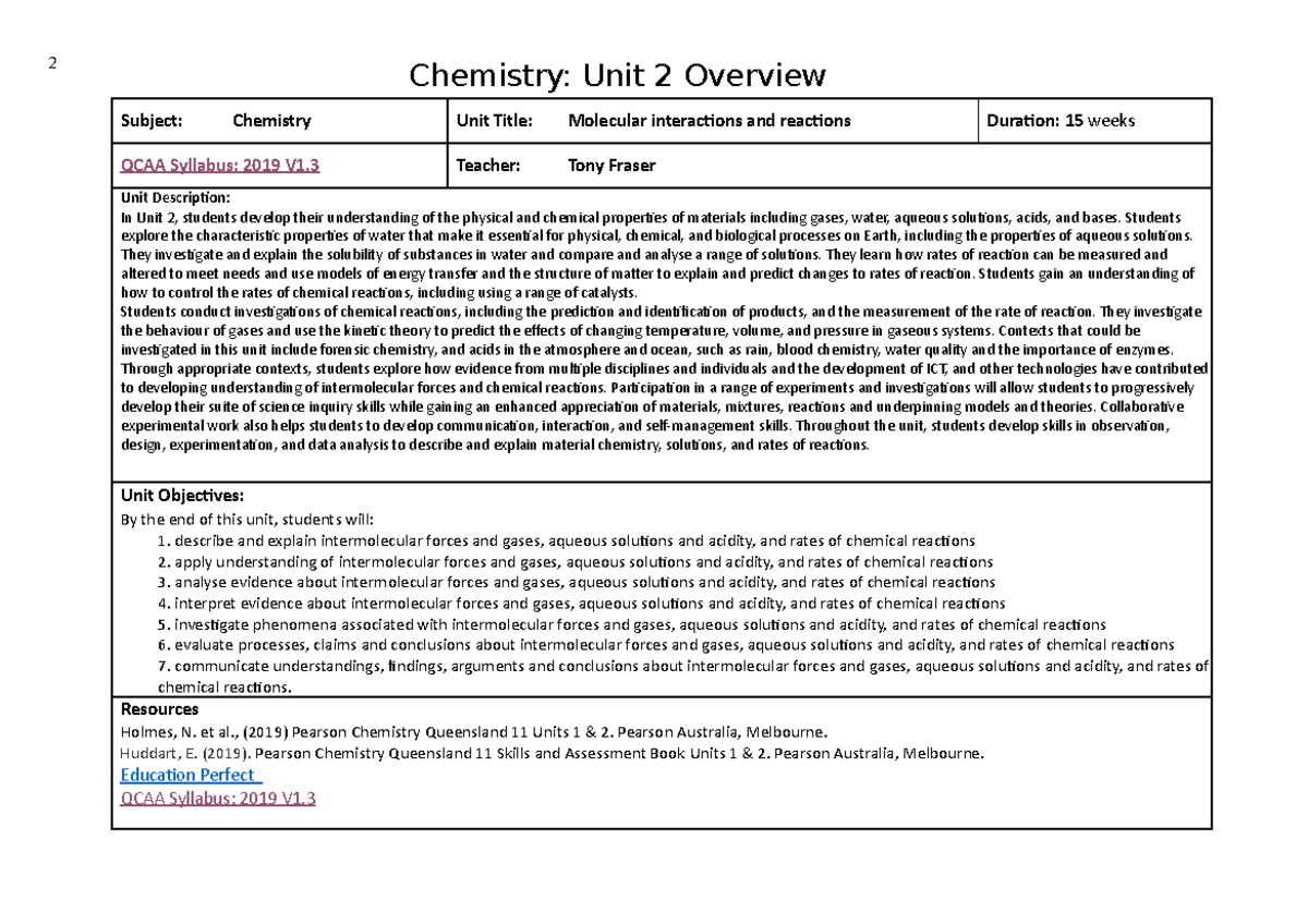 2021 Unit 2 Student Overview Chemistry - Subject: Chemistry Unit Title ...