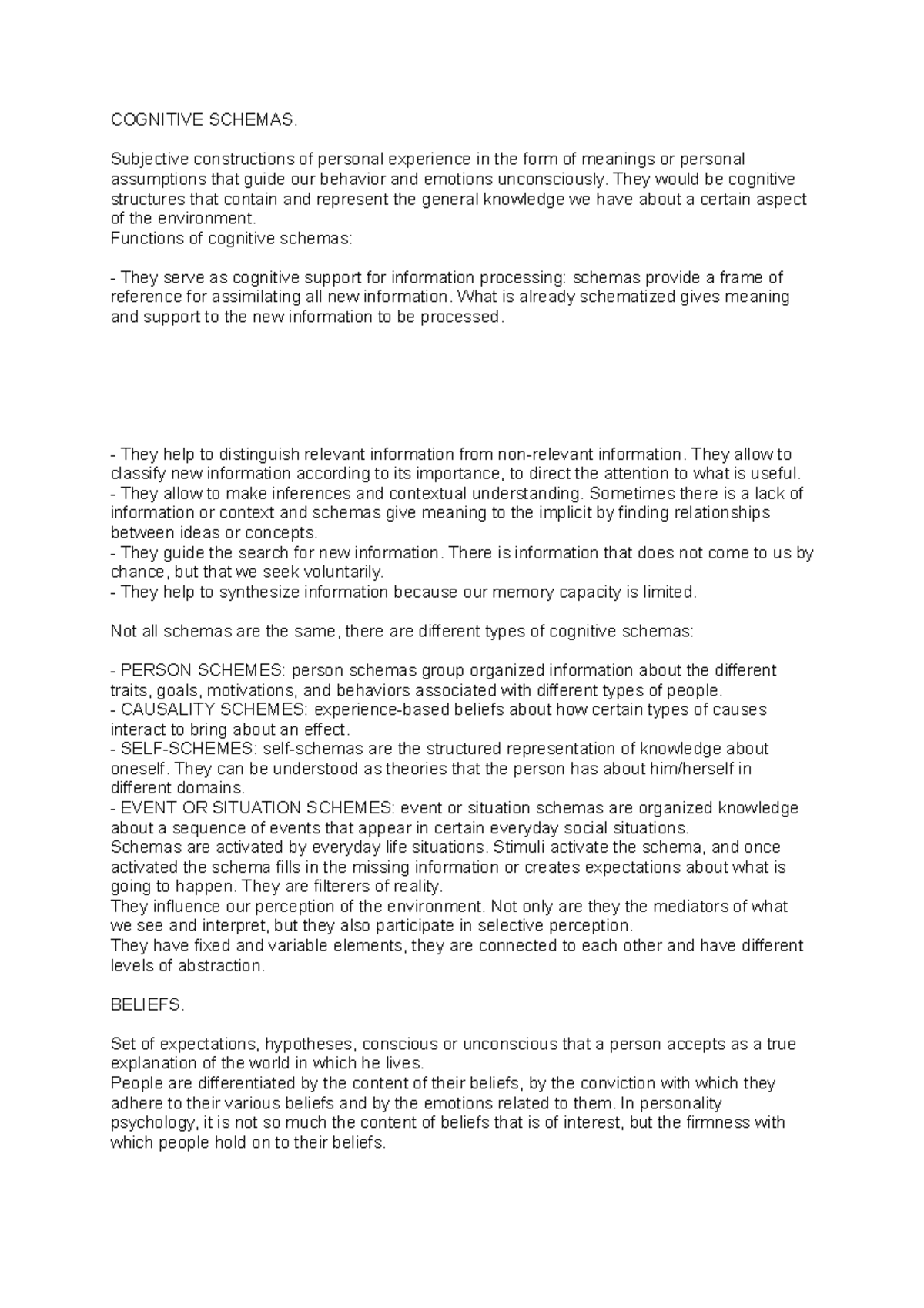 Cognitive Schemas - Study guide - COGNITIVE SCHEMAS. Subjective ...