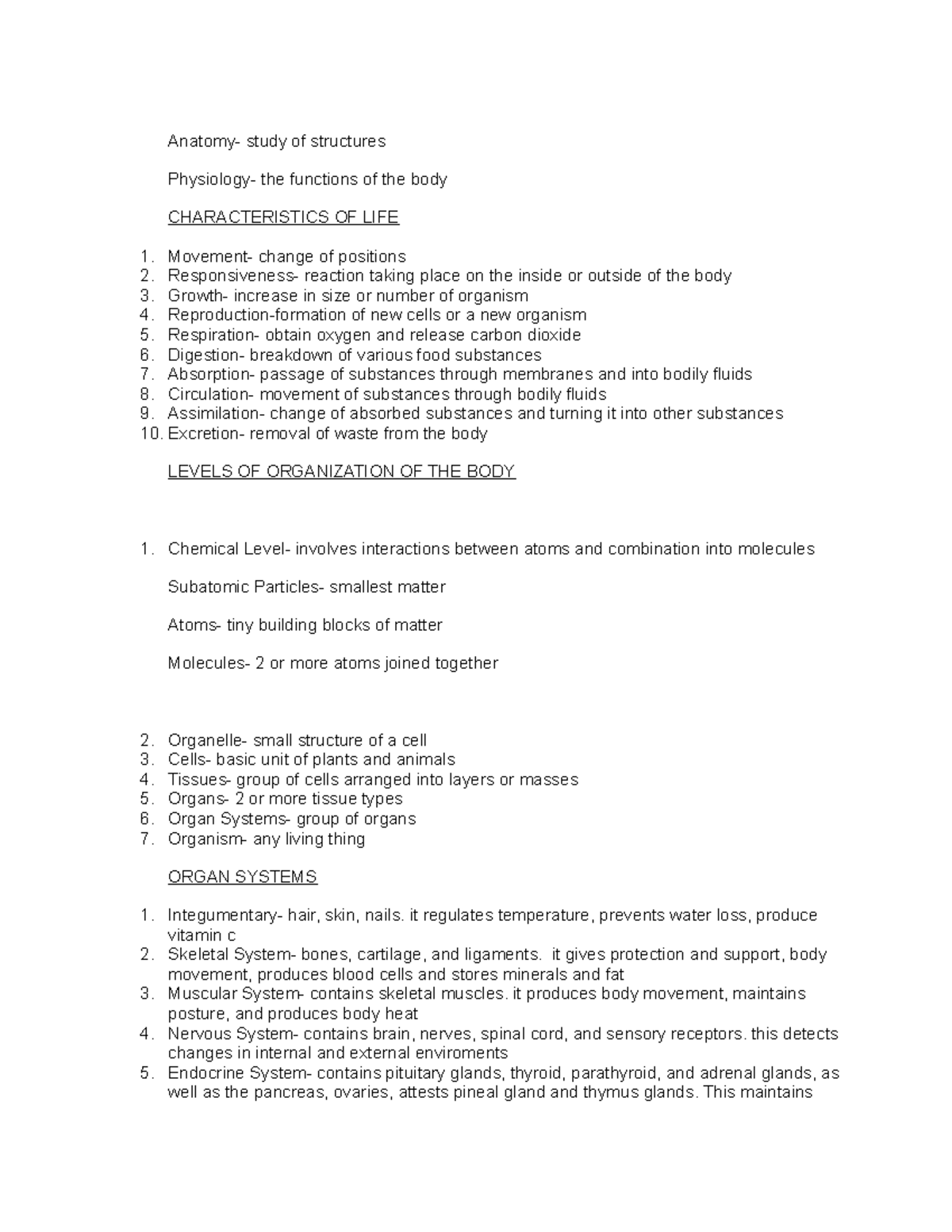 Ch 1 and 5 Study Guide - Anatomy- study of structures Physiology- the ...