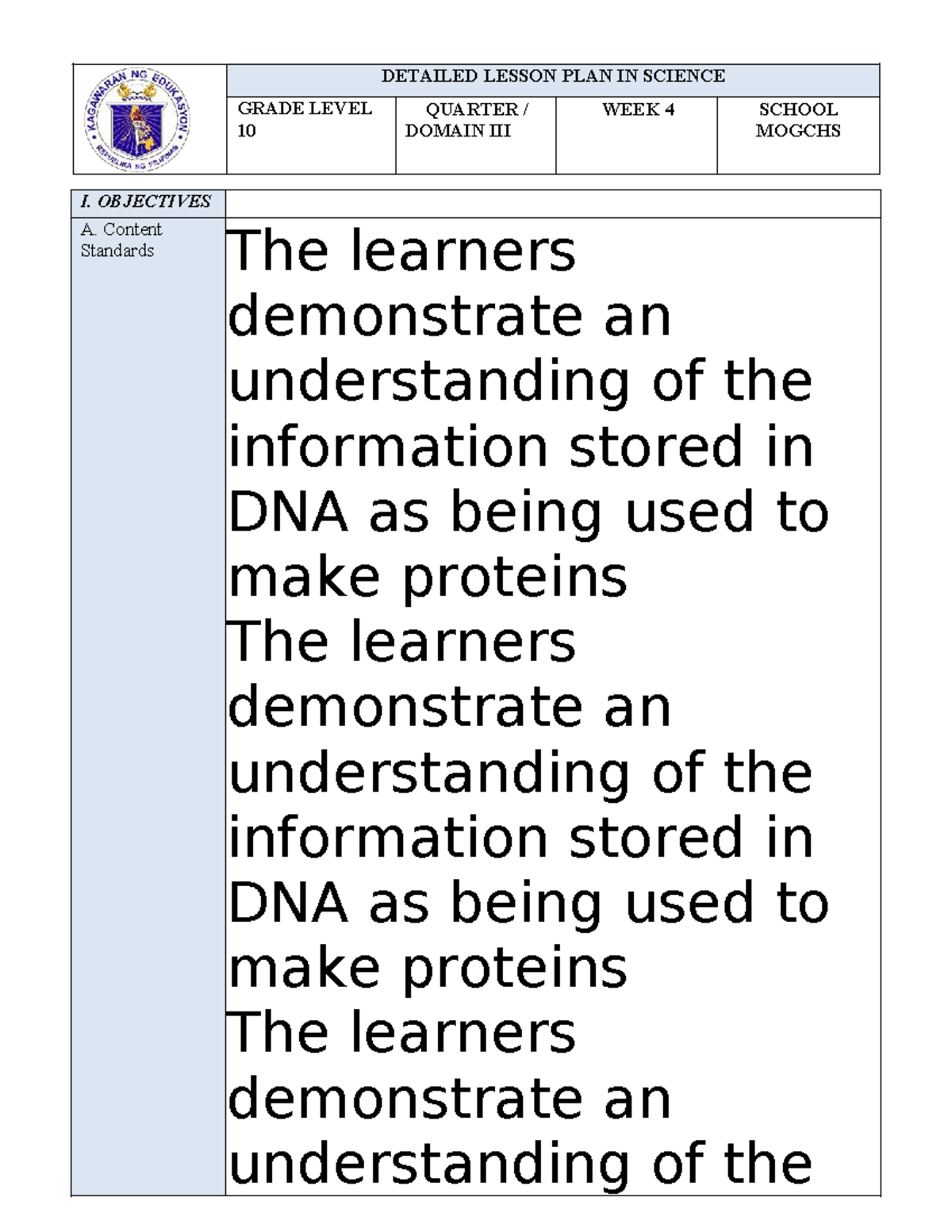 DLL Week-4- Genetics - DETAILED LESSON PLAN IN SCIENCE GRADE LEVEL 10 ...