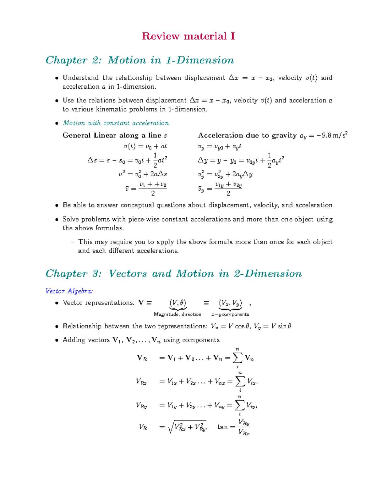 Exam1 review - PHY 1 exam - Review material I Chapter 2: Motion in 1 ...