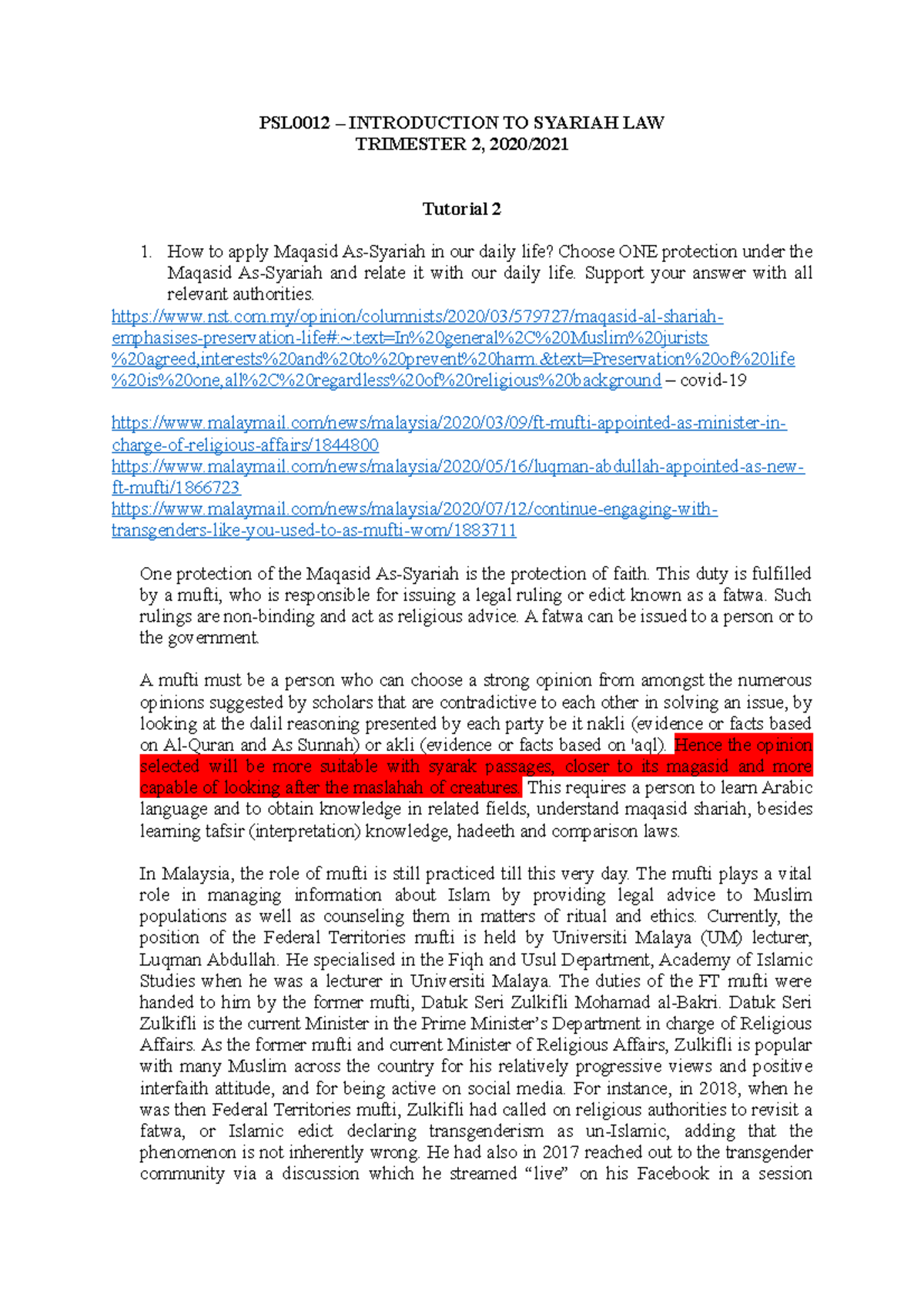 PSL0022 Tutorial 2 - PSL0012 – INTRODUCTION TO SYARIAH LAW TRIMESTER 2 ...