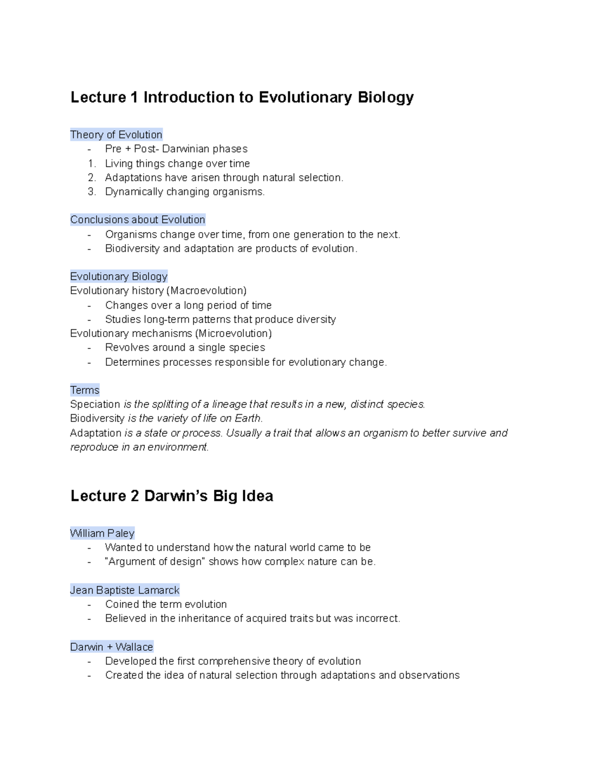 Bio120 exam notes - Lecture 1 Introduction to Evolutionary Biology ...