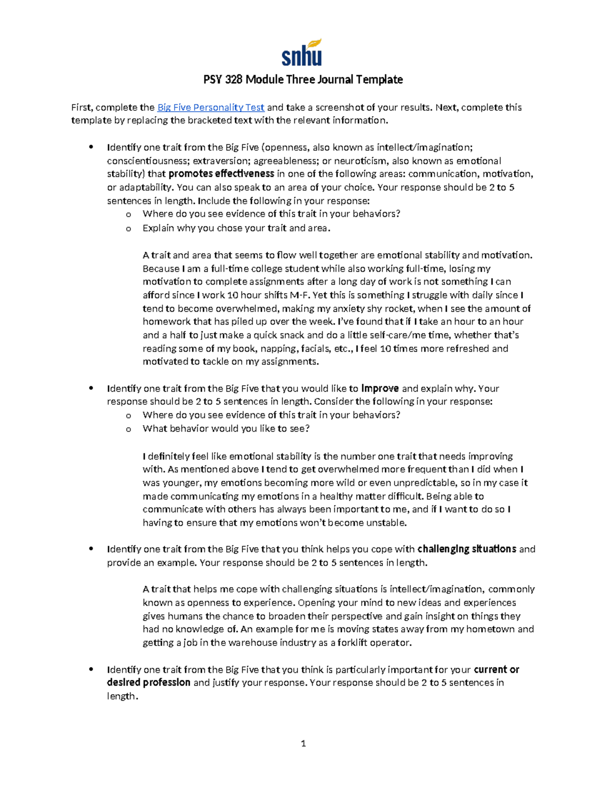 psy328 mod 3 journal assignment - PSY 328 Module Three Journal Template First, complete the Big ...