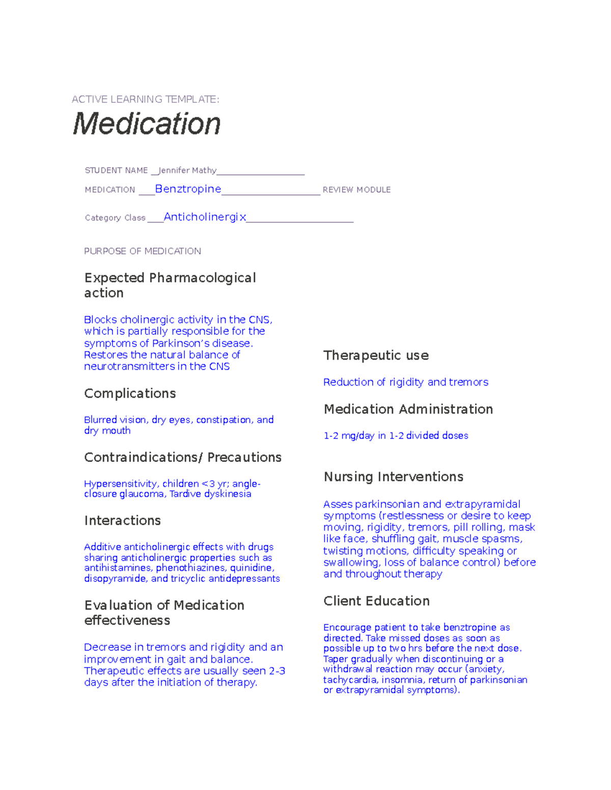 Benztropine - Meds - ACTIVE LEARNING TEMPLATE: Medication STUDENT NAME ...