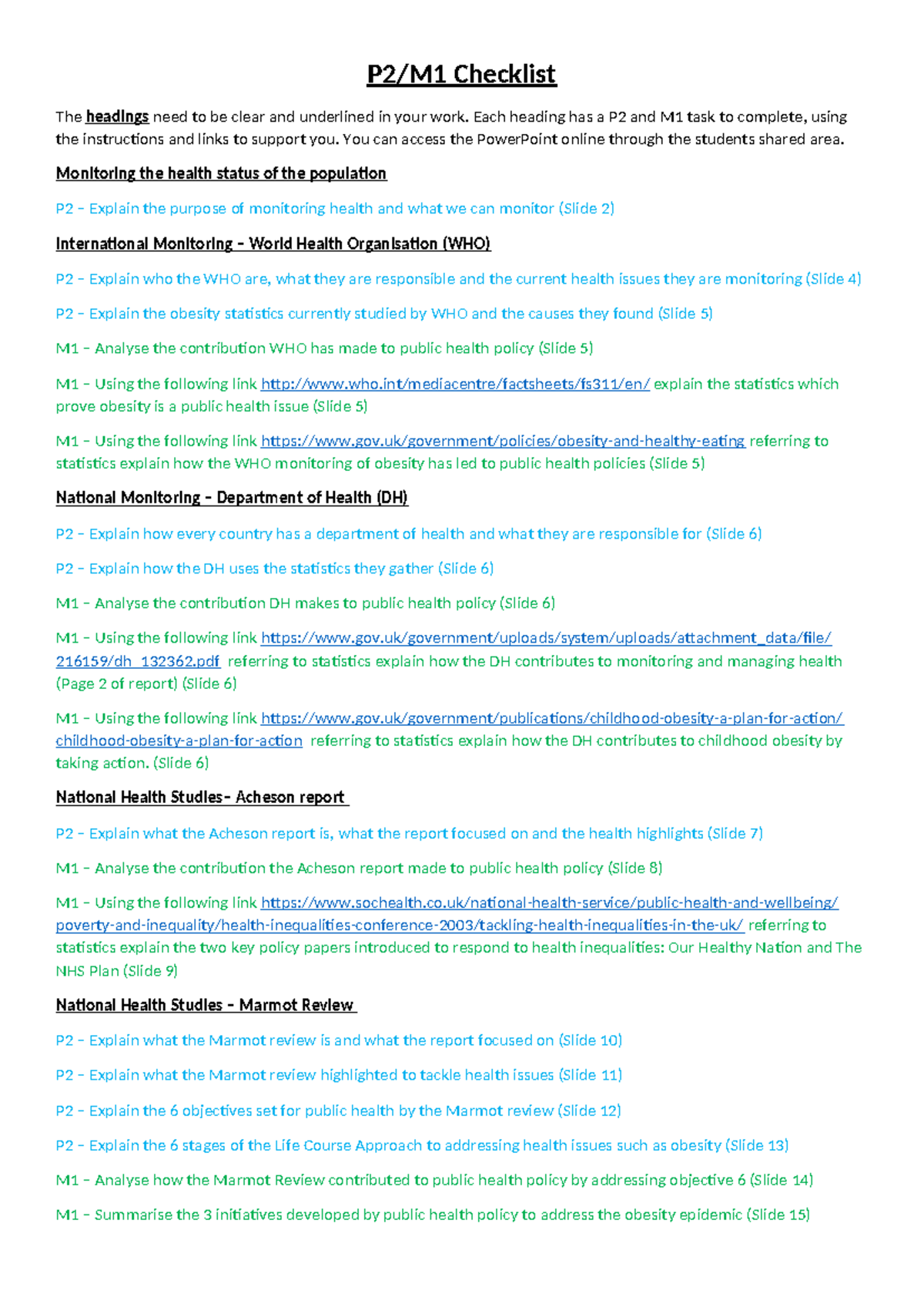 Unit 8 P2 M1 Checklist - Helpsheet - P2/M1 Checklist The headings need ...