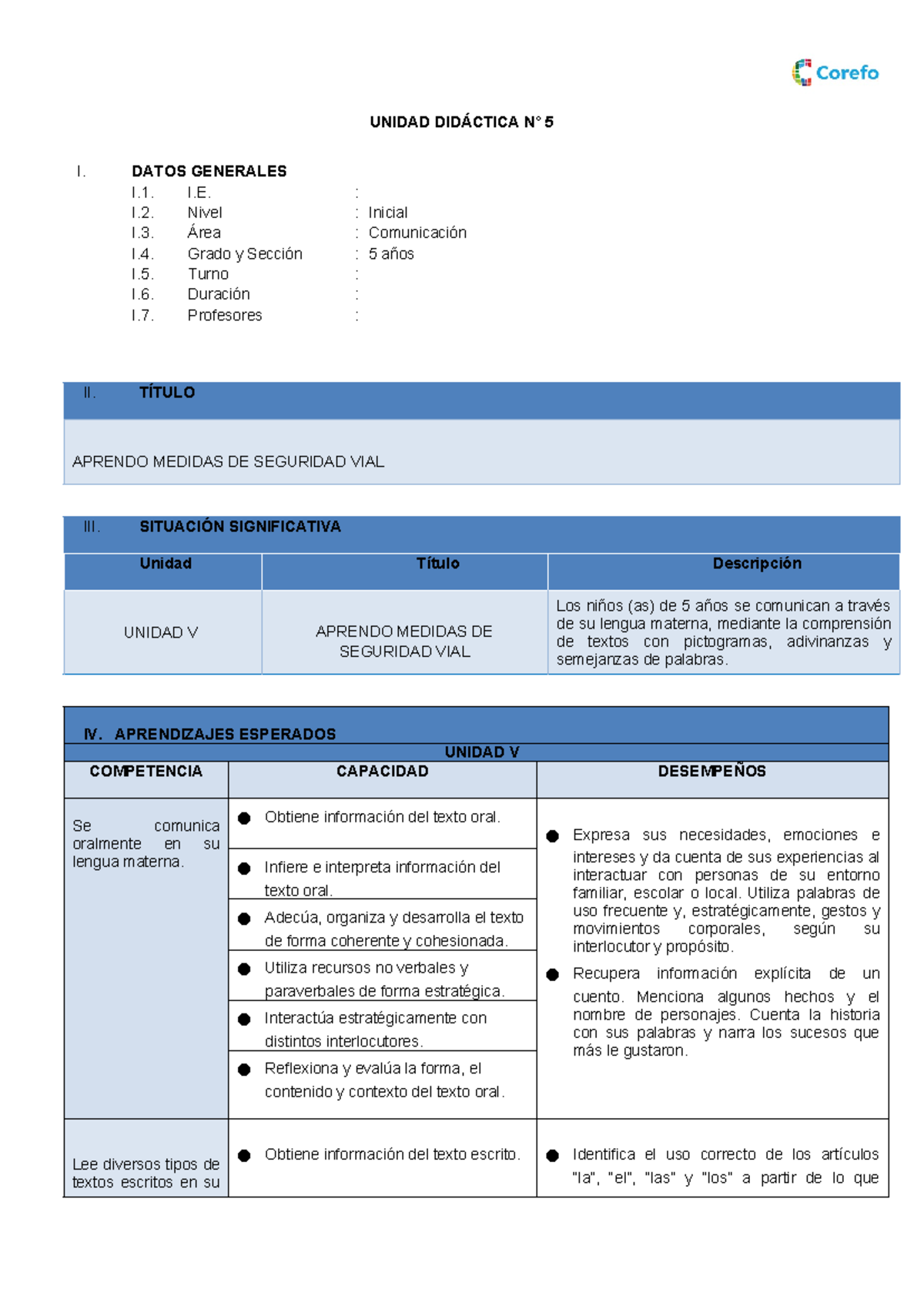 Comunicación -U5 - 5 AÑOS - UNIDAD DIDÁCTICA N° 5 I. DATOS GENERALES I ...
