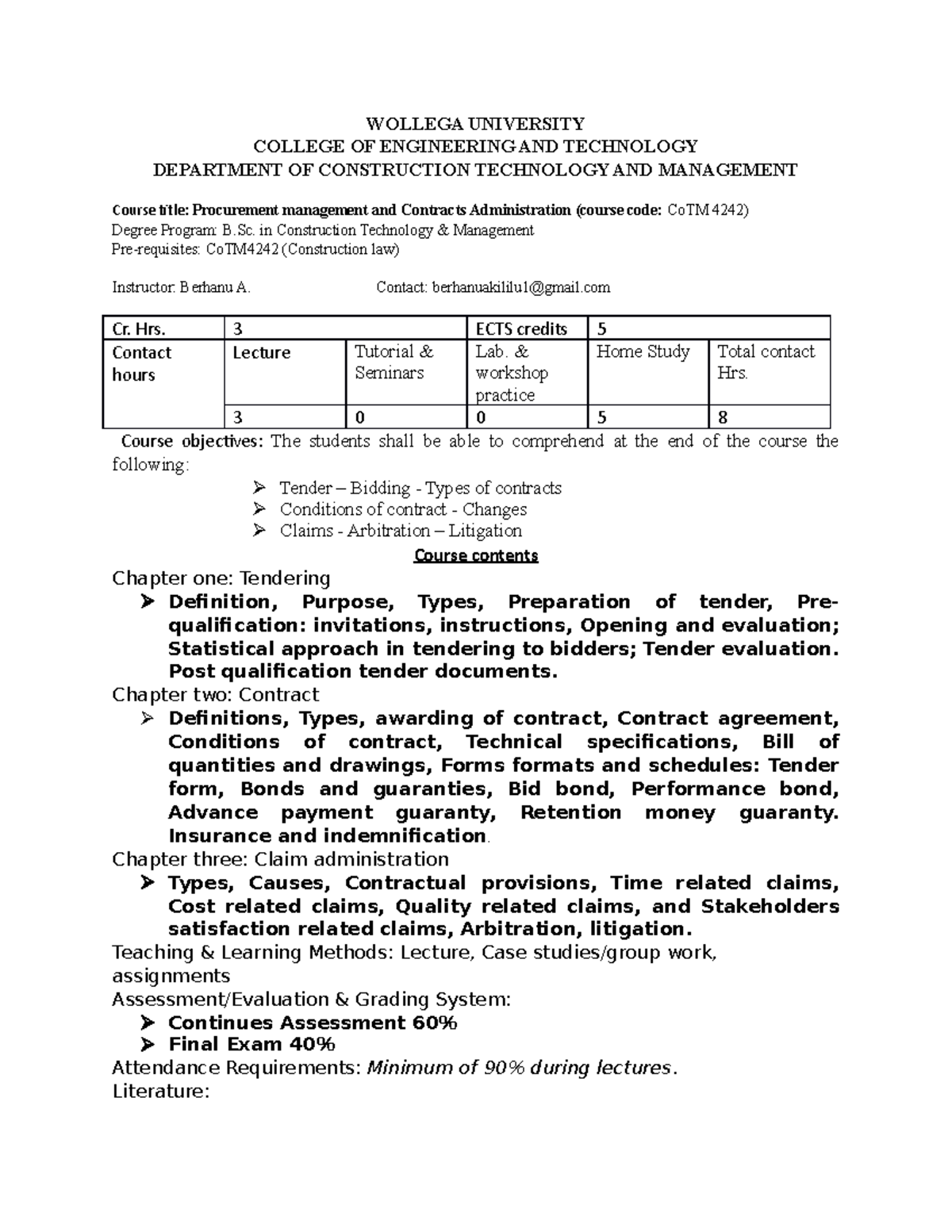 Contract course outline - WOLLEGA UNIVERSITY COLLEGE OF ENGINEERING AND ...