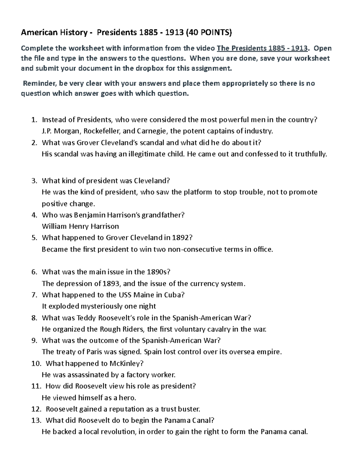 President Video Worksheet 1885-1913 SP20 - American History ...