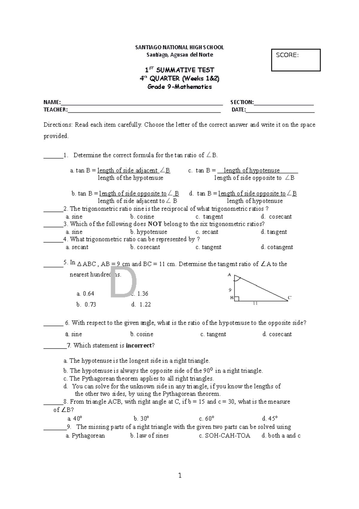 Math-9 Q4 Summative-Test-Wk12 - SANTIAGO NATIONAL HIGH SCHOOL Santiago ...