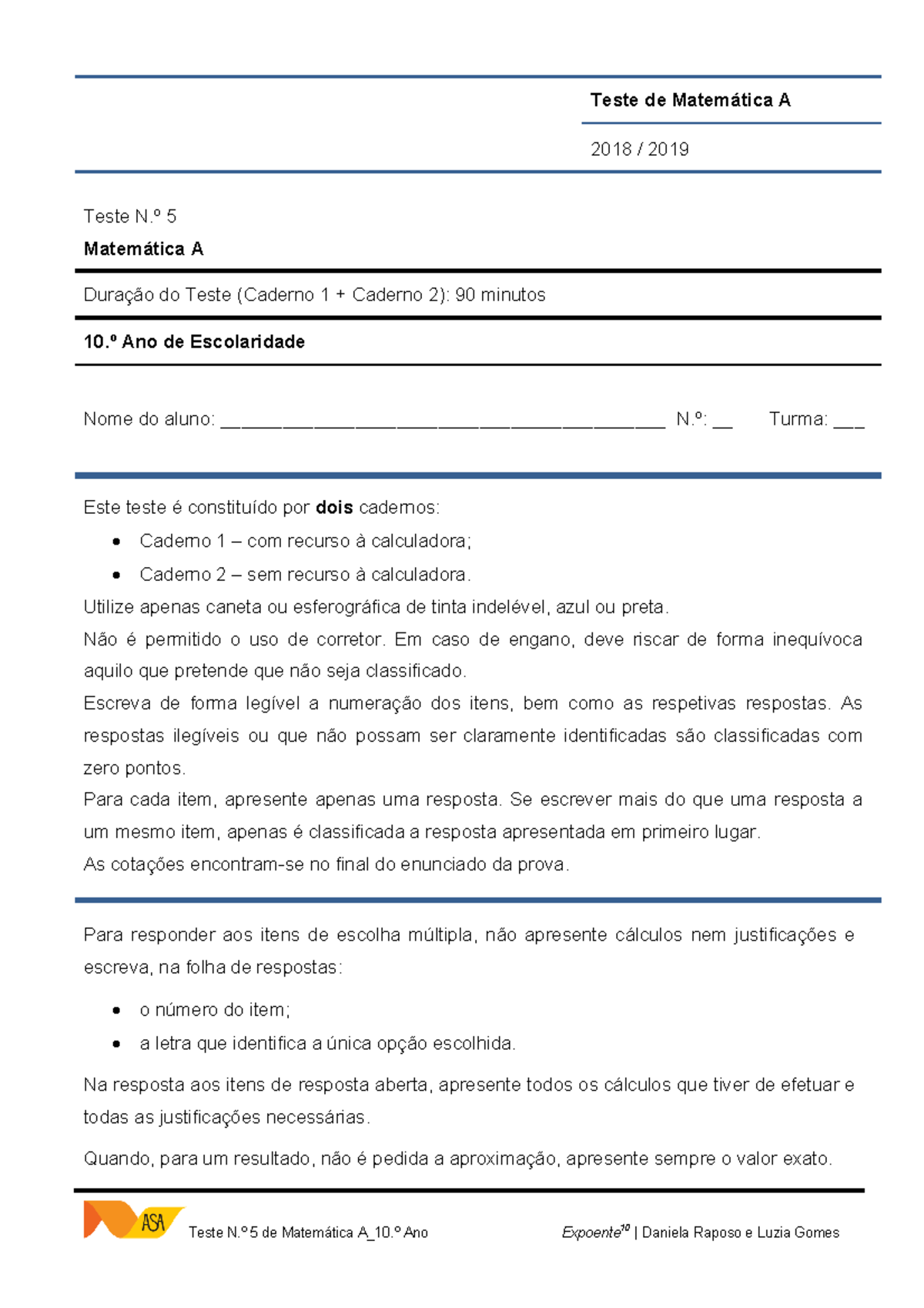Edicoes ASA - 10 Ano 2018-19 - 5 Teste - 10 Teste de Matemática A 201 8 ...