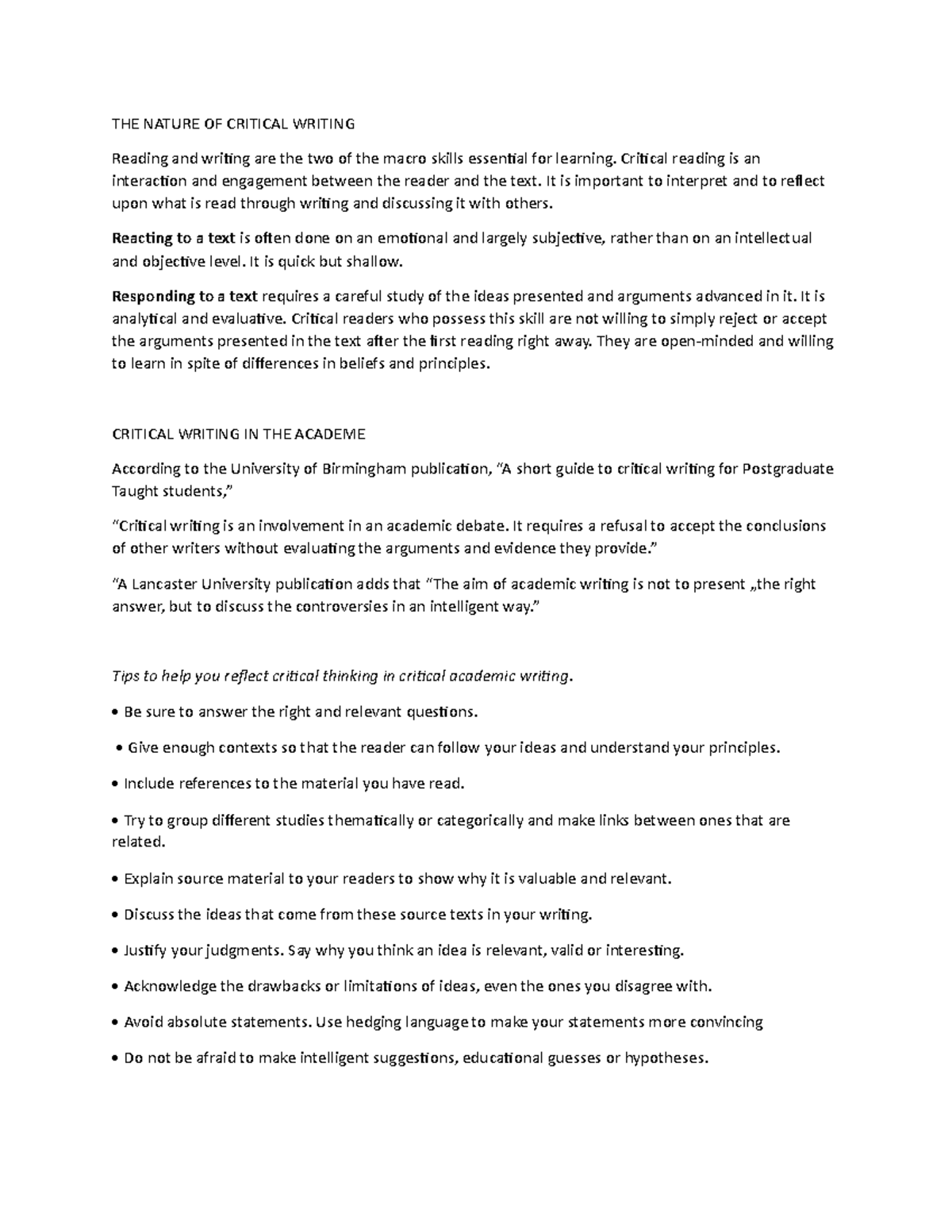 Crwt111 Chapter 7 And 8 Lecture Notes The Nature Of Critical Writing Reading And Writing Are
