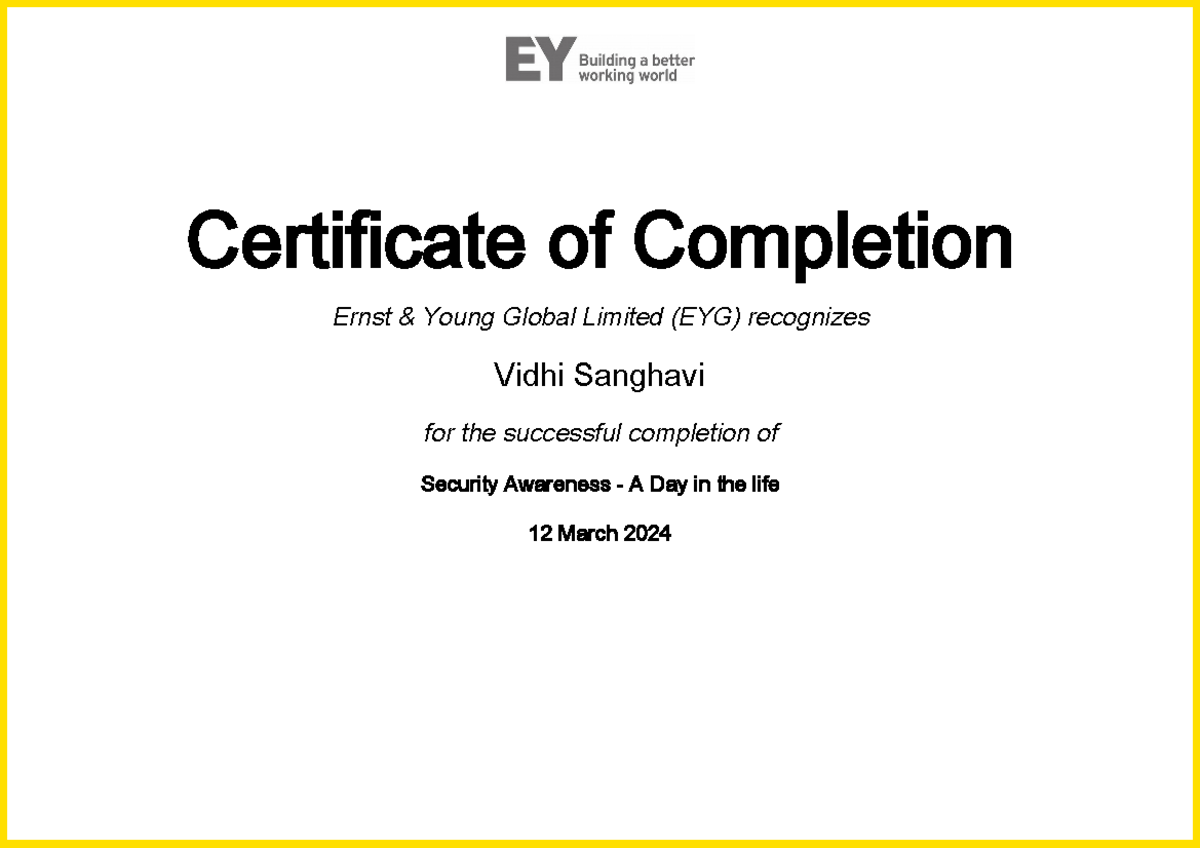 Certificate Of Completion - Cyber Security And Laws - Certificate of Completion Ernst & Young ...