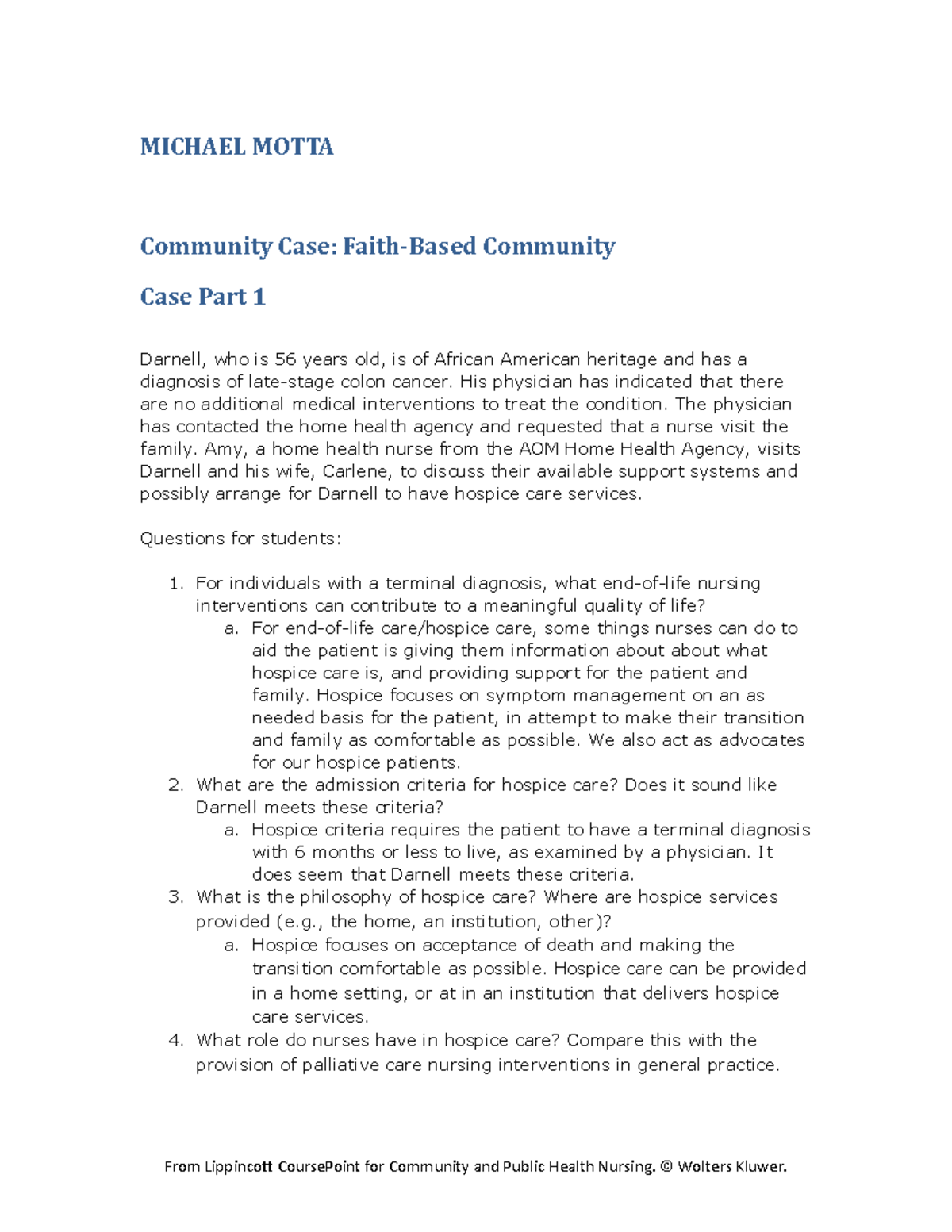 Faith based answers - cum - MICHAEL MOTTA Community Case: Faith-Based ...