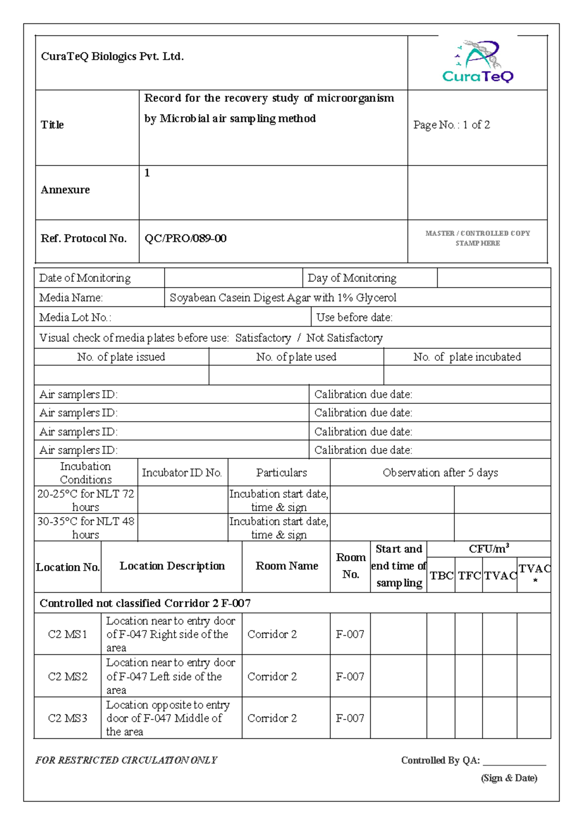 Annexure-1 Microbial air sampling - CuraTeQ Biologics Pvt. Ltd. Title ...
