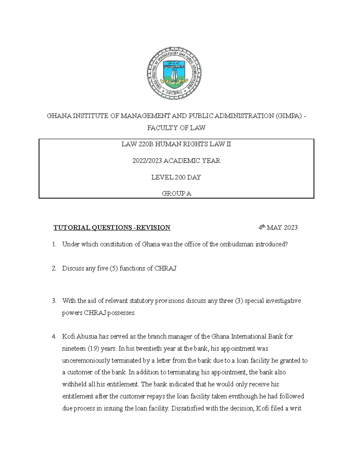 Revision tutorial- Human Rights - GHANA INSTITUTE OF MANAGEMENT AND PUBLIC ADMINISTRATION (GIMPA ...