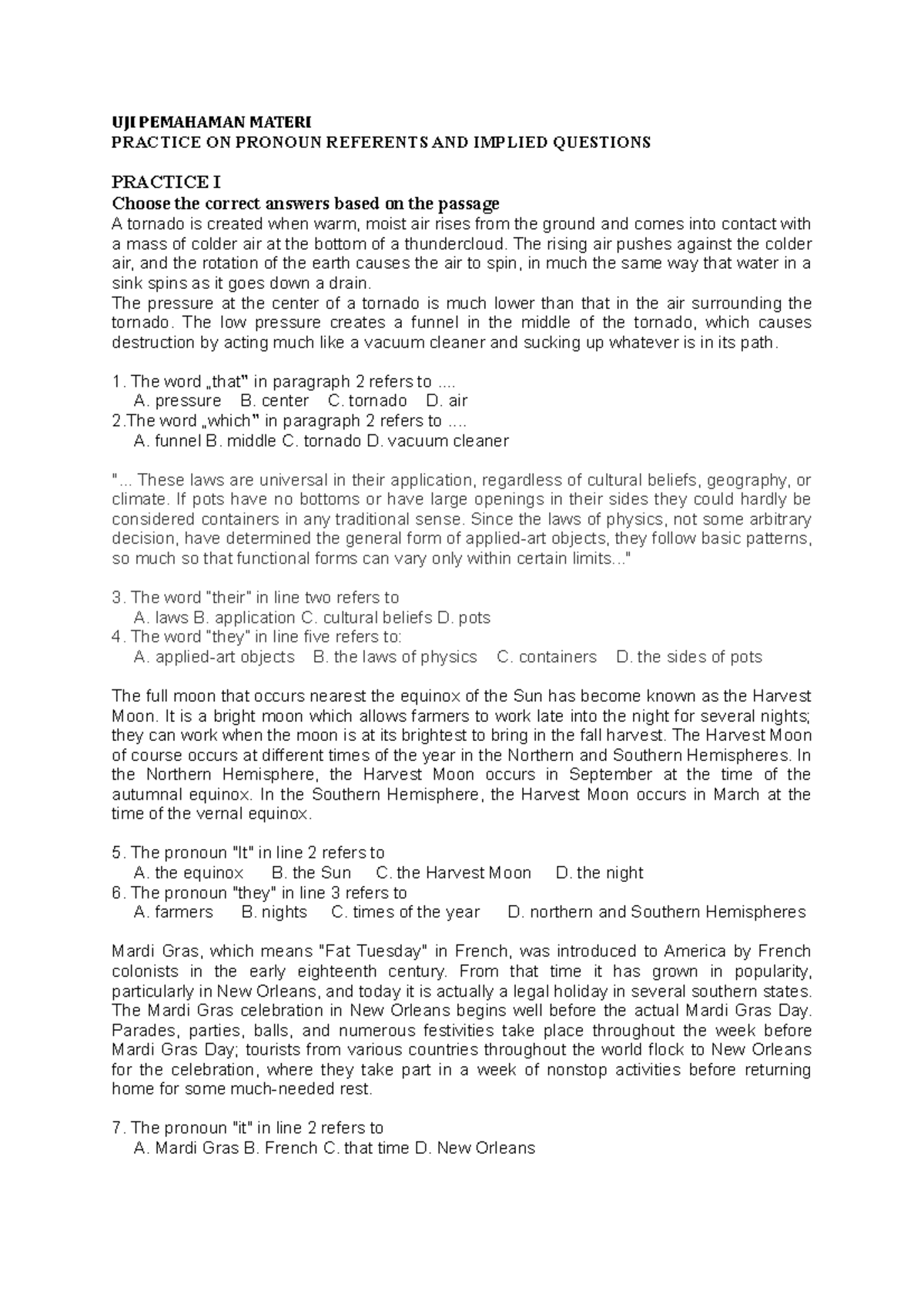 UJI Pemahaman Materi ON Pronoun Referents AND Implied Questions - UJI ...