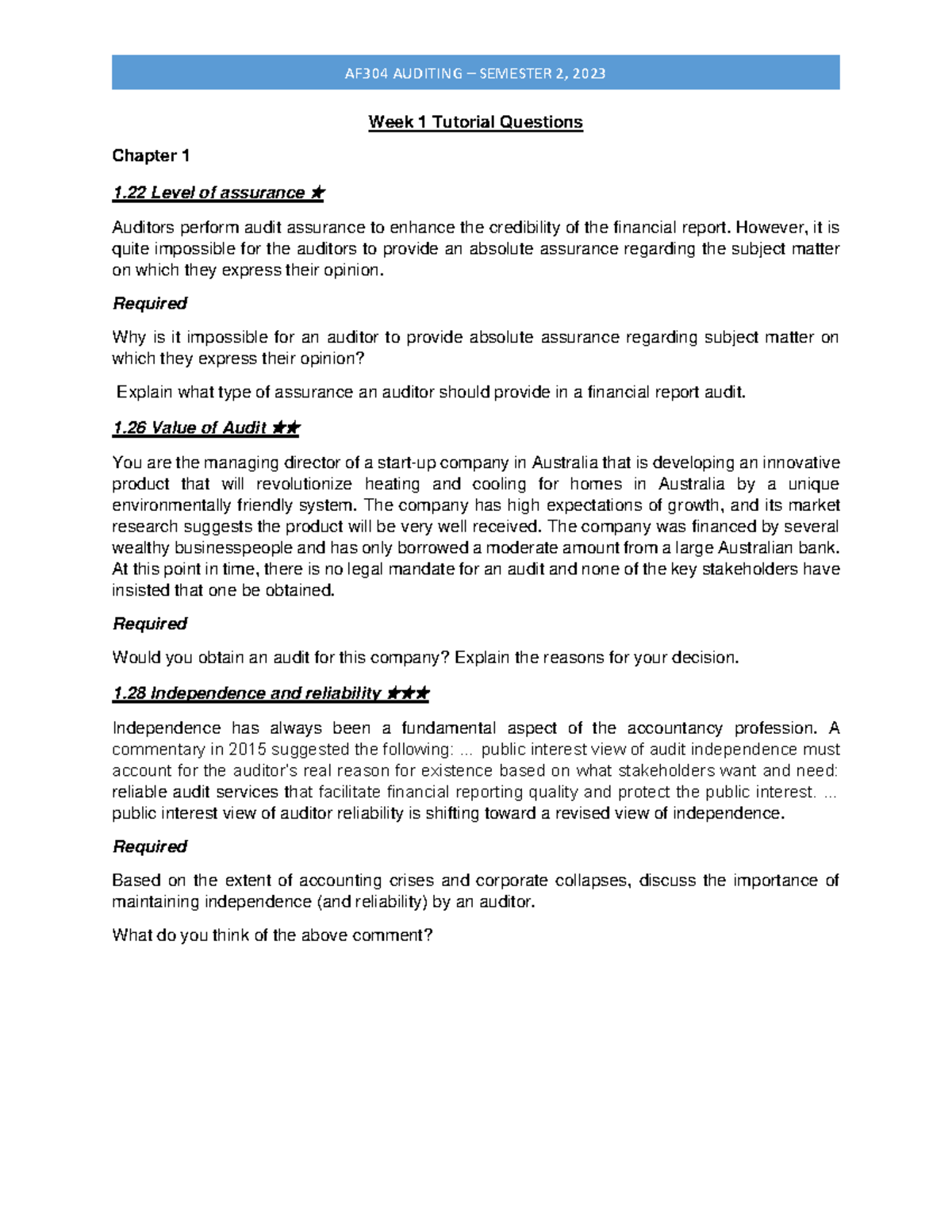 Wk 1 Questions - Tutorial Activity - Auditing - USP - Studocu