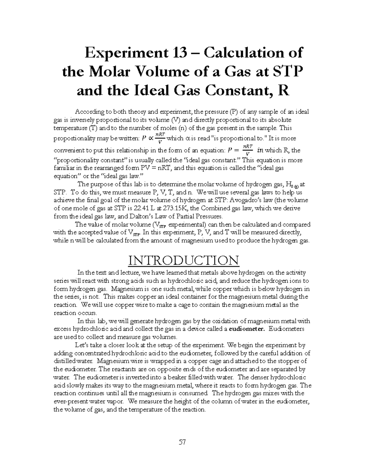 Molar Volume of a Gas - constant - Experiment 13 – Calculation of the ...
