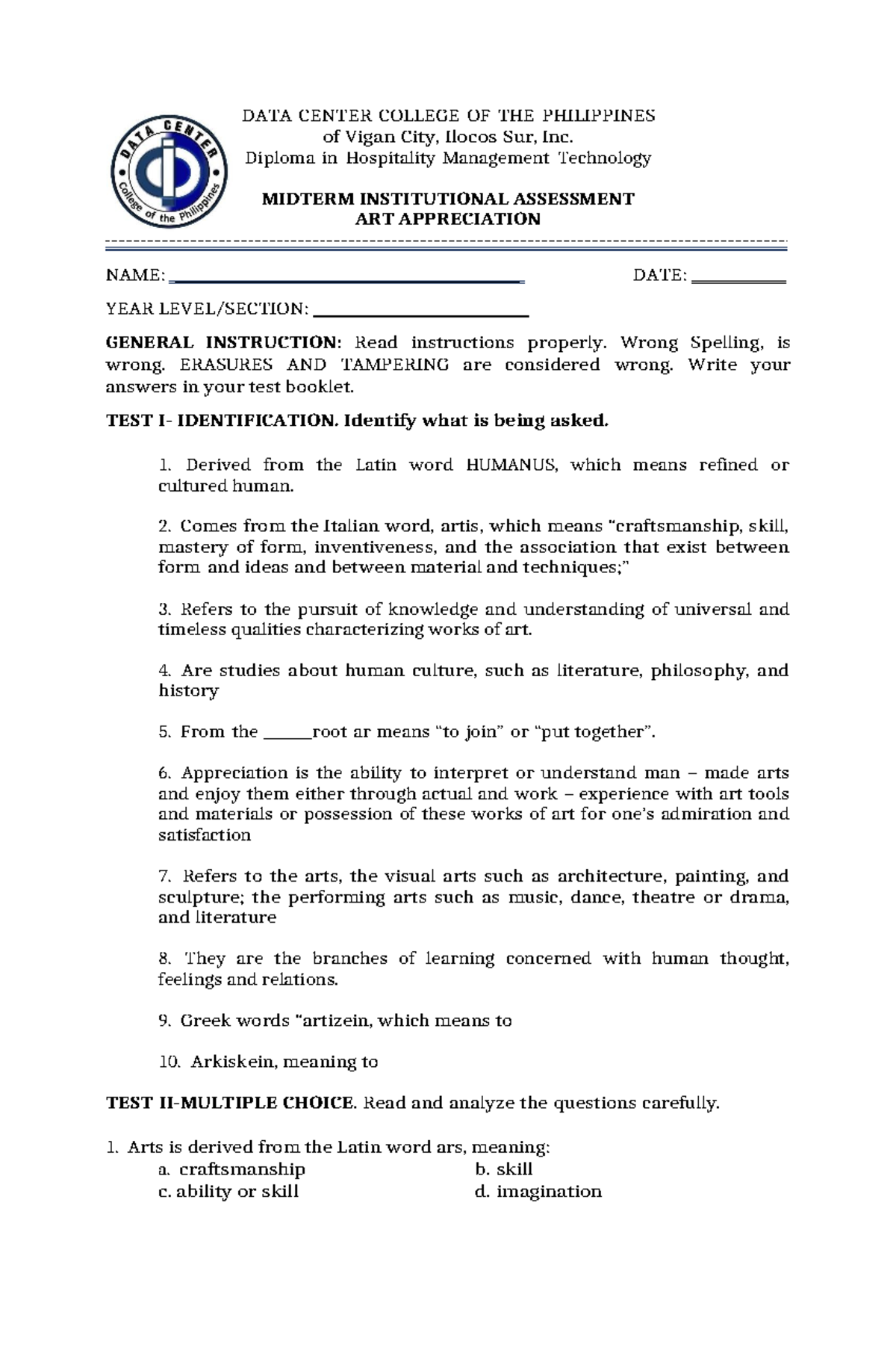 Art Appreciation - Midterms - DATA CENTER COLLEGE OF THE PHILIPPINES of ...