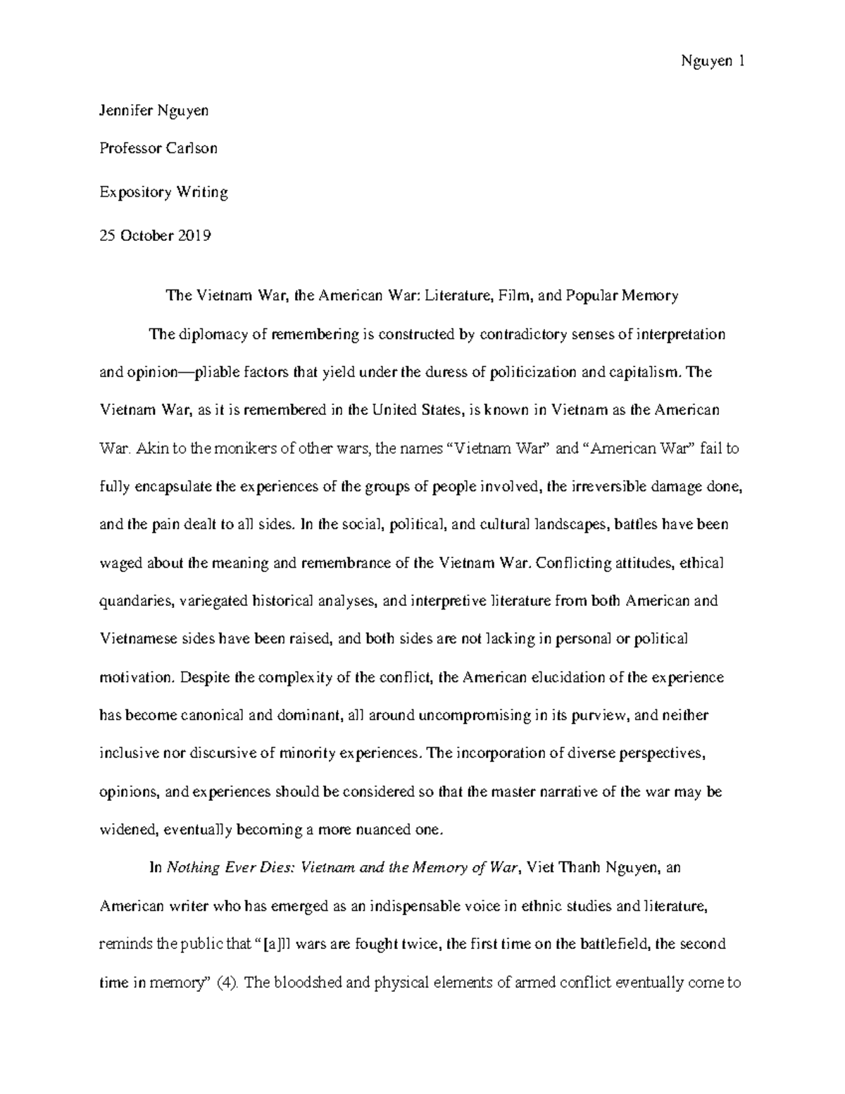 Example paper - Jennifer Nguyen Professor Carlson Expository Writing 25 ...