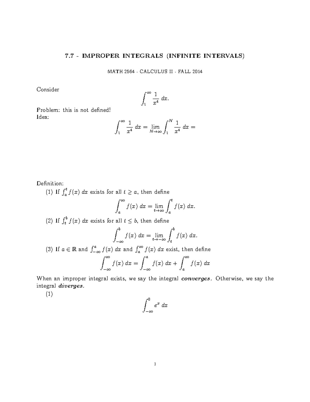 Outline 7 7a - Lecture notes 7-7a - 7 - IMPROPER INTEGRALS (INFINITE ...