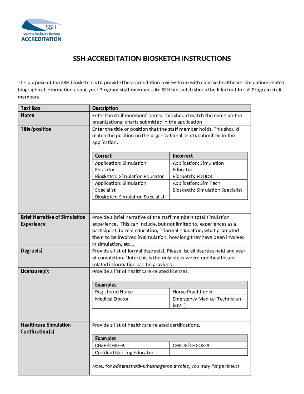 Ssh Accreditation Biosketch Instructions 1 Ssh Accreditation Biosketch Instructions The