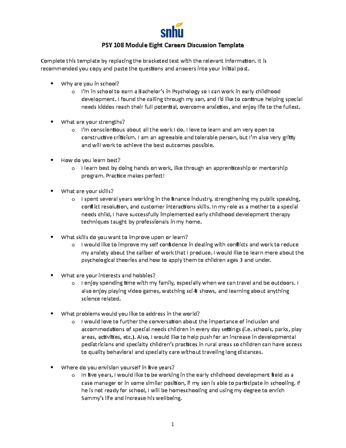 PSY 108 Module Eight Careers Discussion Template - PSY 108 Module Eight ...
