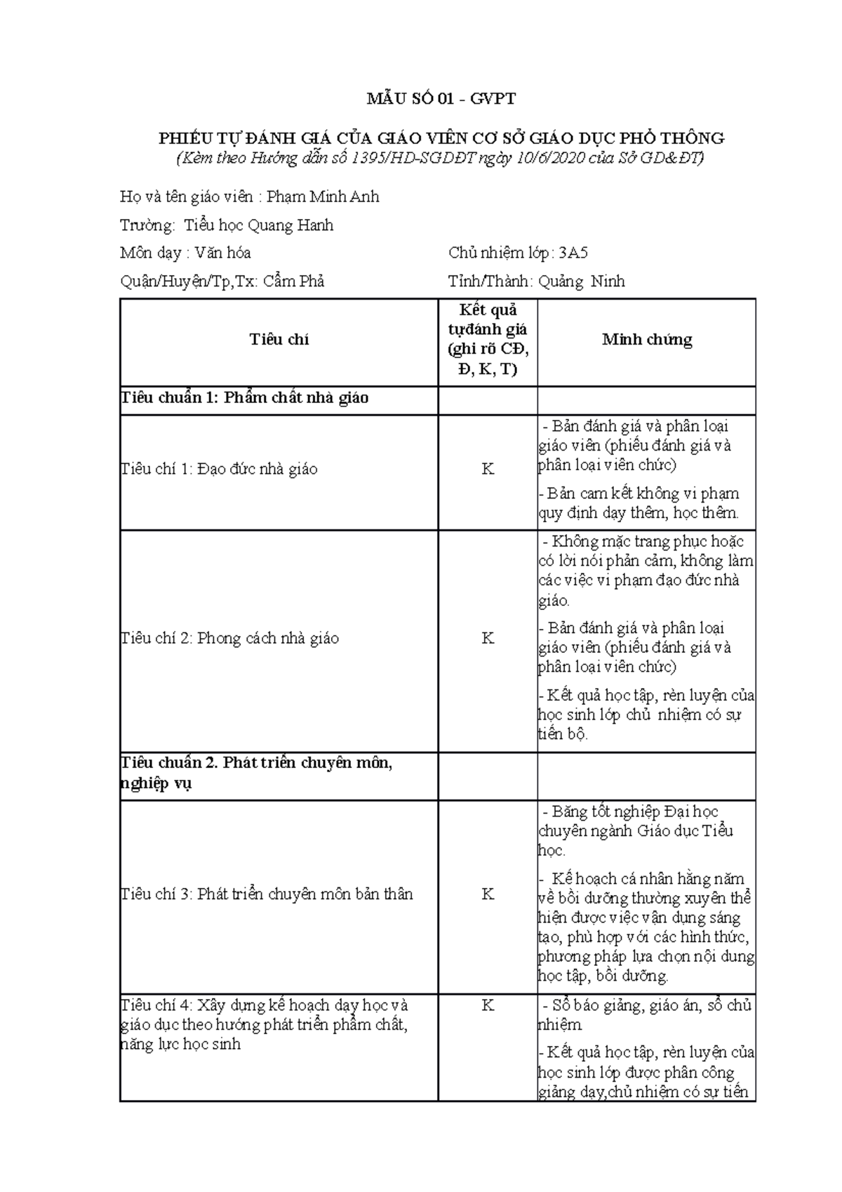 Mau so 01 - GVPT - linh tính - MẪU SỐ 01 - GVPT PHIẾU TỰ ĐÁNH GIÁ CỦA ...