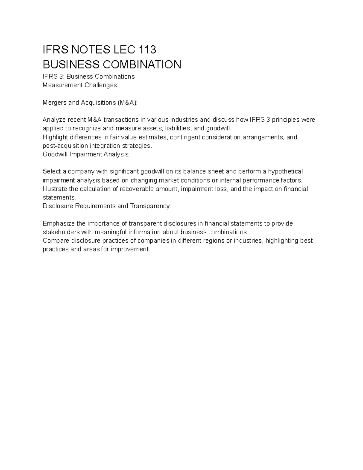 Ifrsnotes 313 - ACC 202 - IFRS NOTES LEC 113 BUSINESS COMBINATION IFRS ...