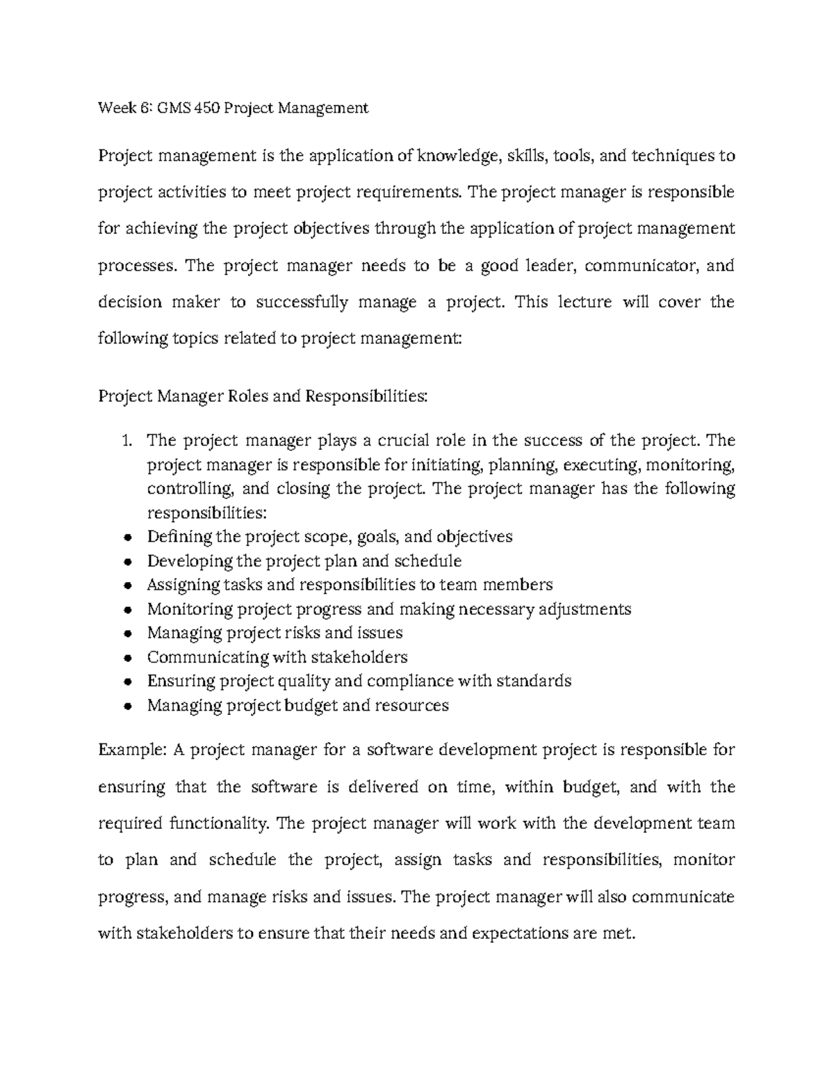 Week 6 GMS 450 Project Management - Week 6 GMS 450 Project Management ...