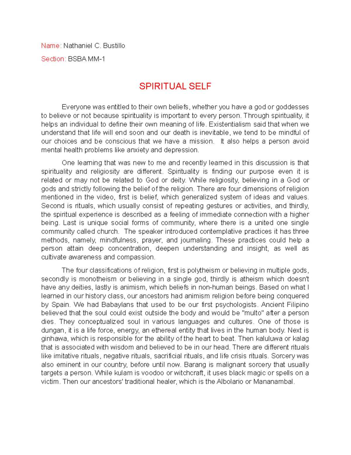 Learning Paper about Spiritual Self - Name: Nathaniel C. Bustillo ...